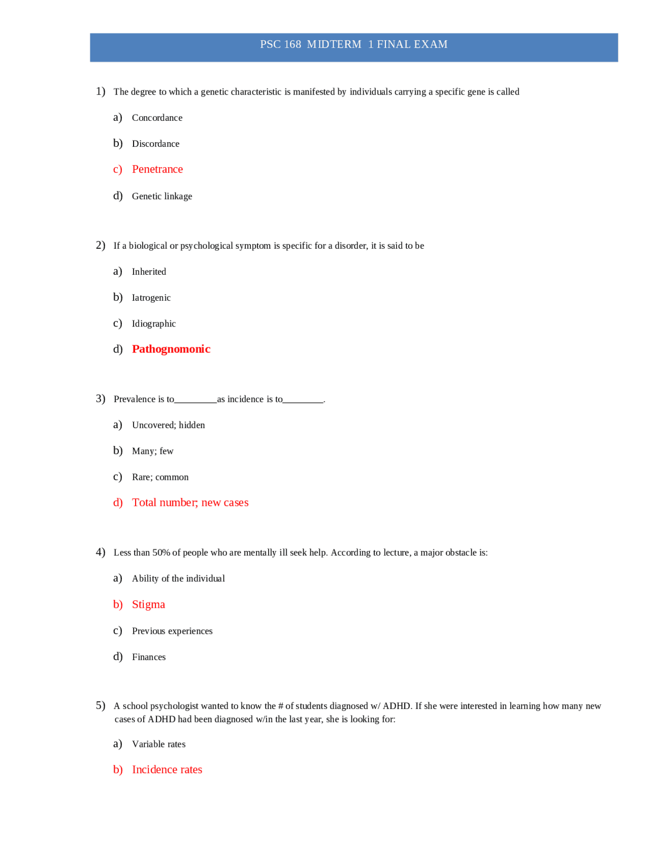 Psc 168 Mid Term Exam Exams Introduction To Psychology Docsity