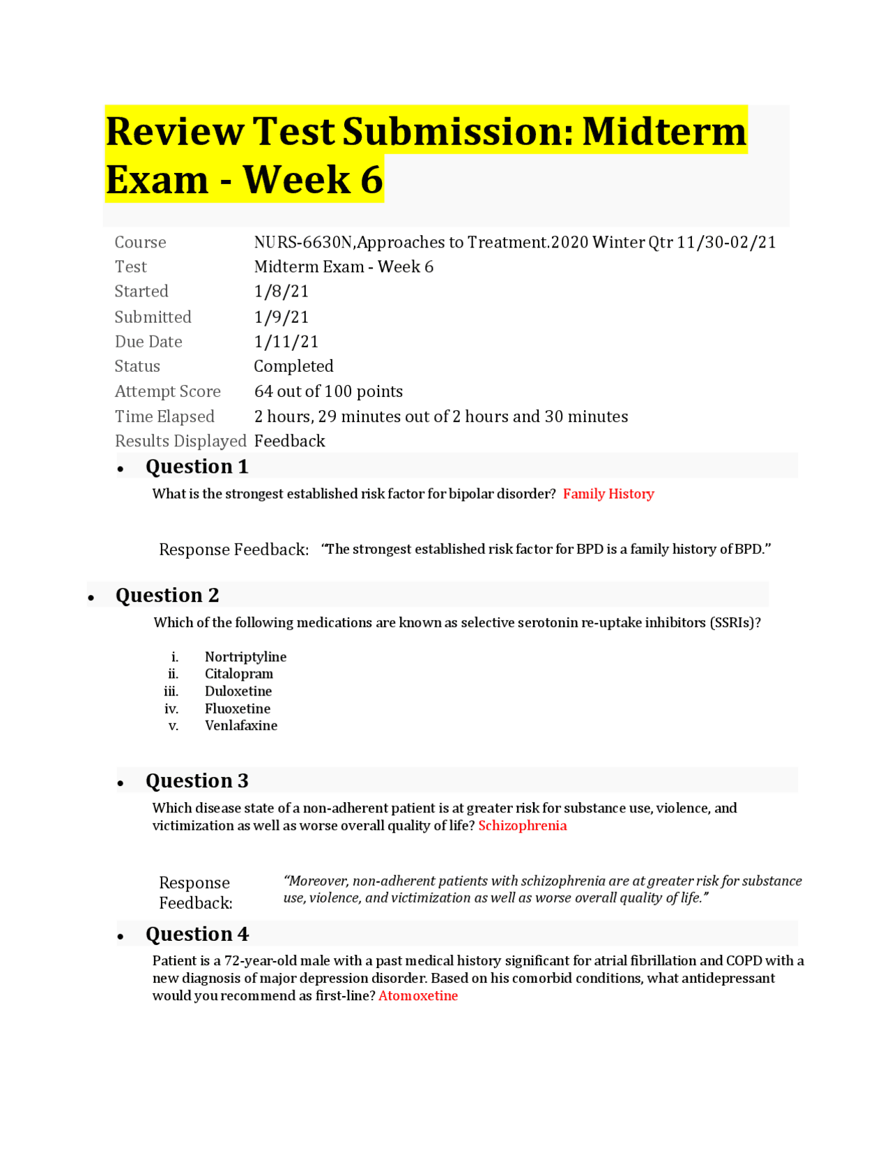 Review Test Submission: Midterm Exam - Week 6 | Exams Nursing | Docsity