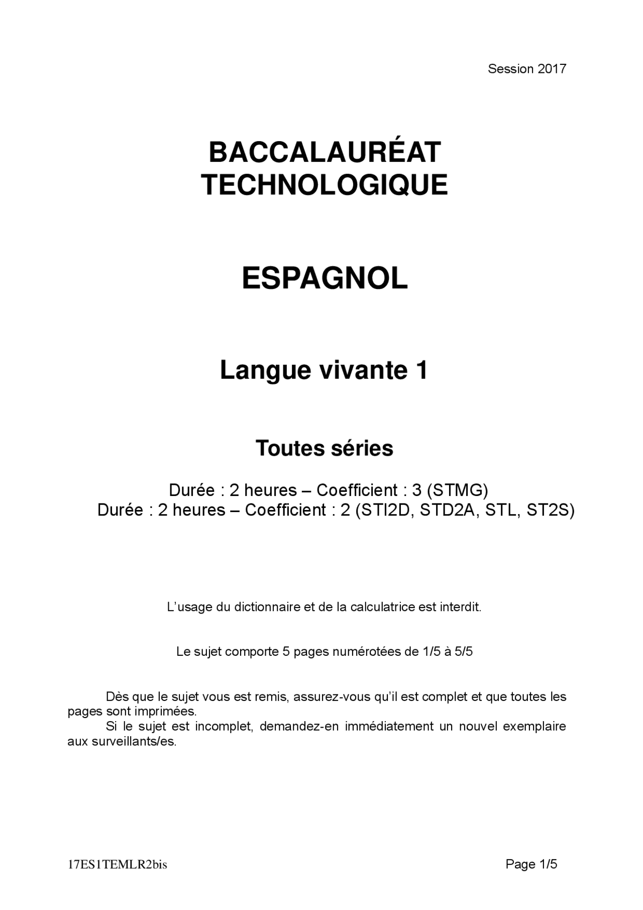BaccalaurÉat Technologique Lectures Langue Espagnole Docsity