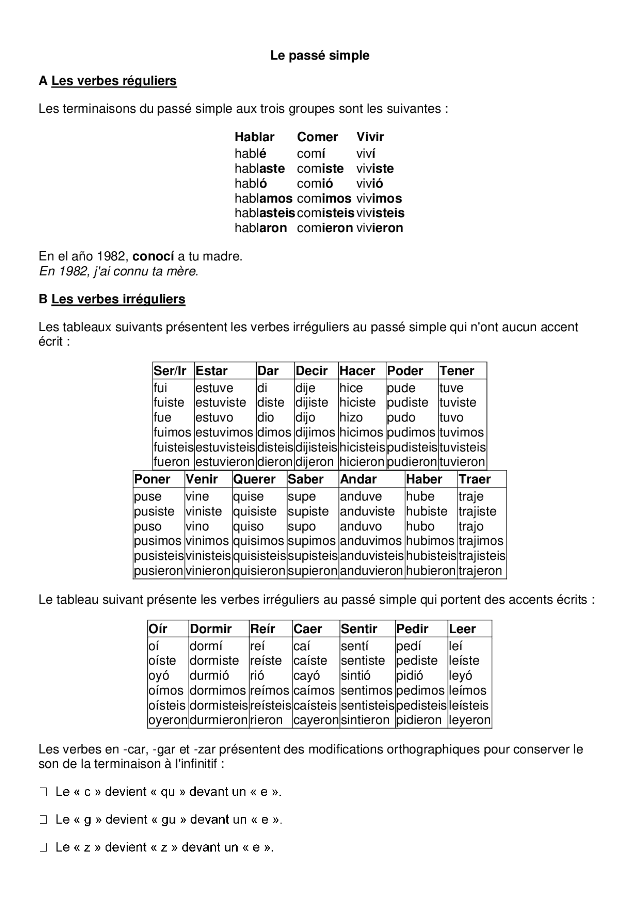 Le passé simple A Les verbes réguliers Les terminaisons du ...