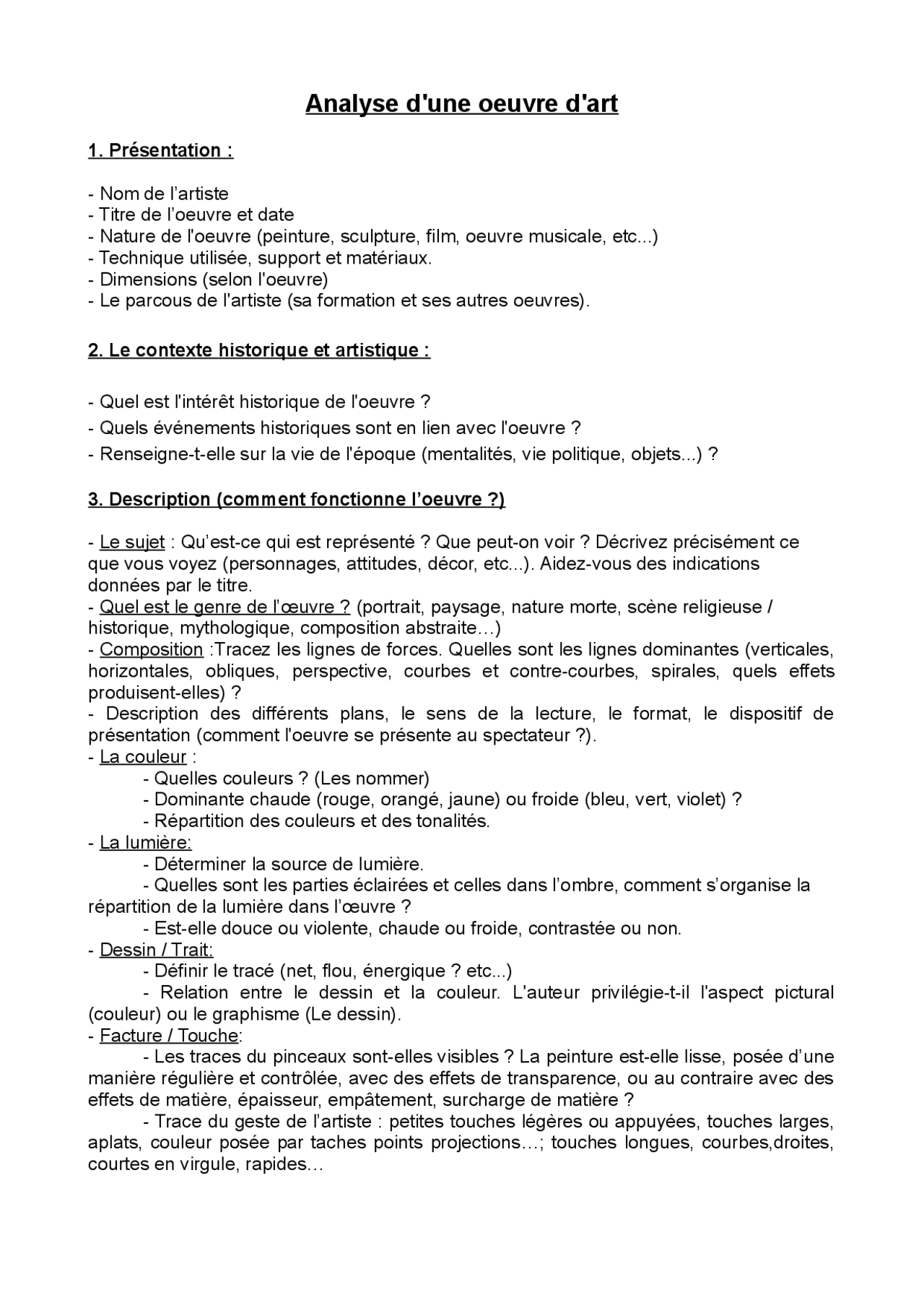 Analyse d'une oeuvre d'art | Examens Arts | Docsity