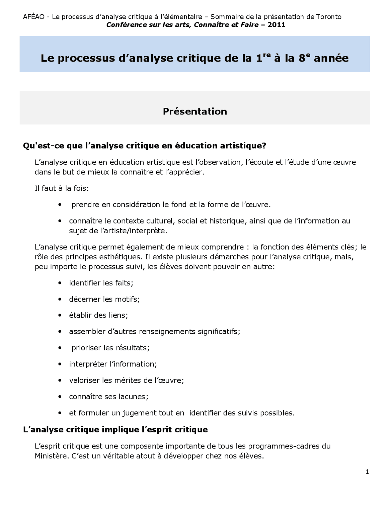 Le processus d'analyse critique de la 1re à la 8e année | Ejercicios ...