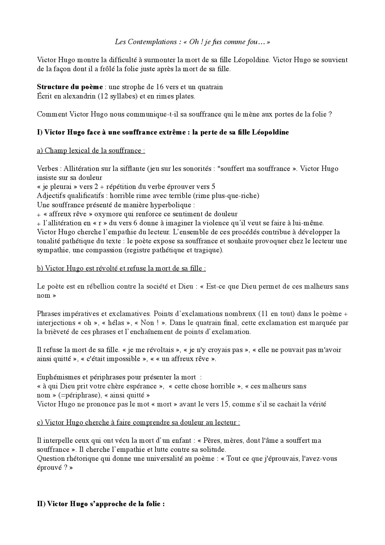 Oh ! je fus comme fou | Notes Littérature | Docsity