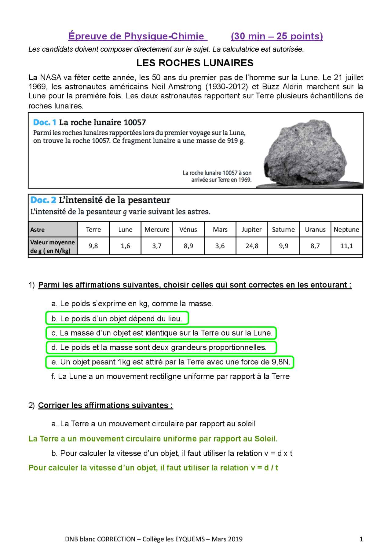 Brevet blanc PHYSIQUE-CHIMIE n°3 2019 | Notes Physique | Docsity
