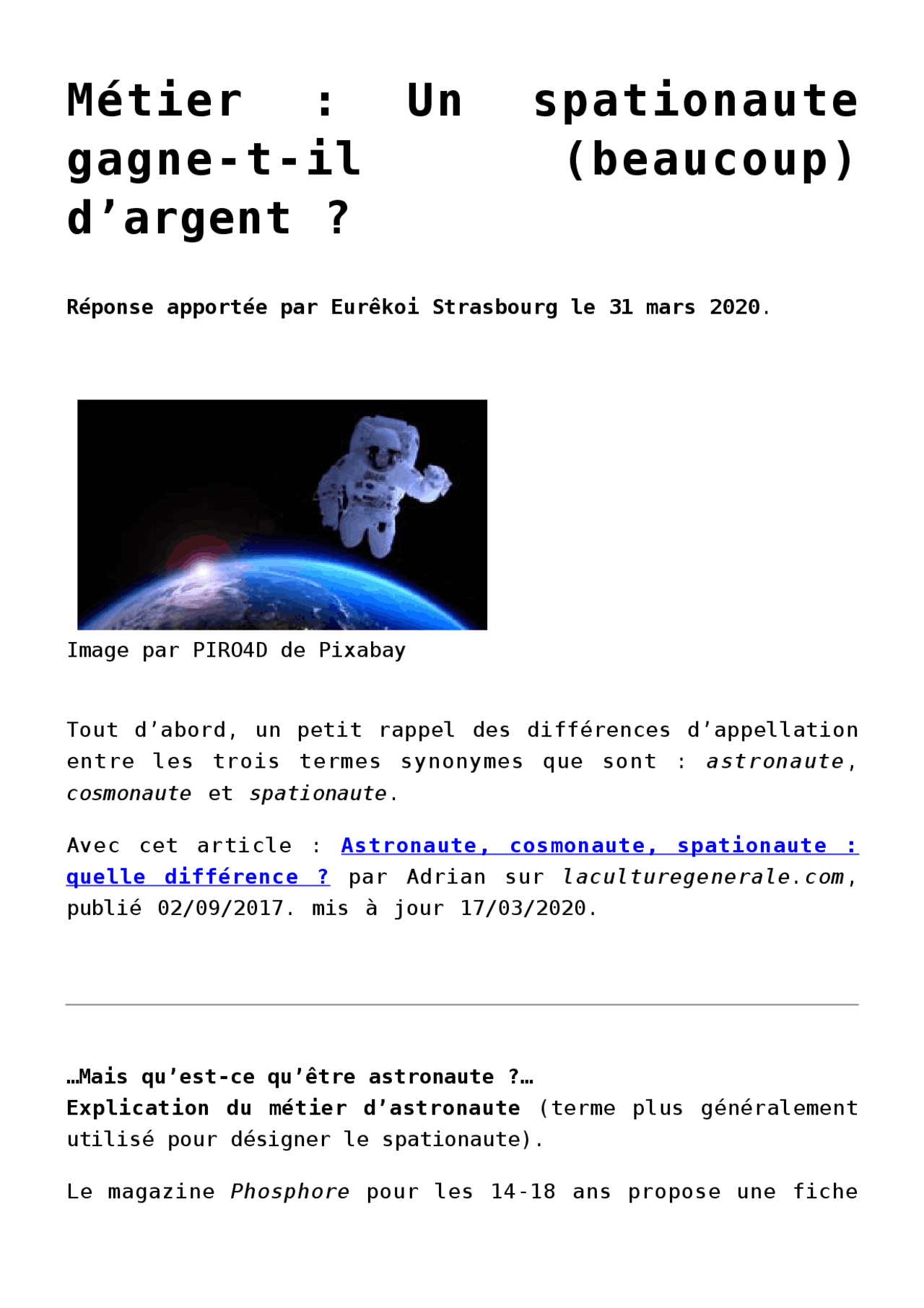 Métier : Un spationaute gagne-t-il (beaucoup) d'argent ? | Notes Études ...