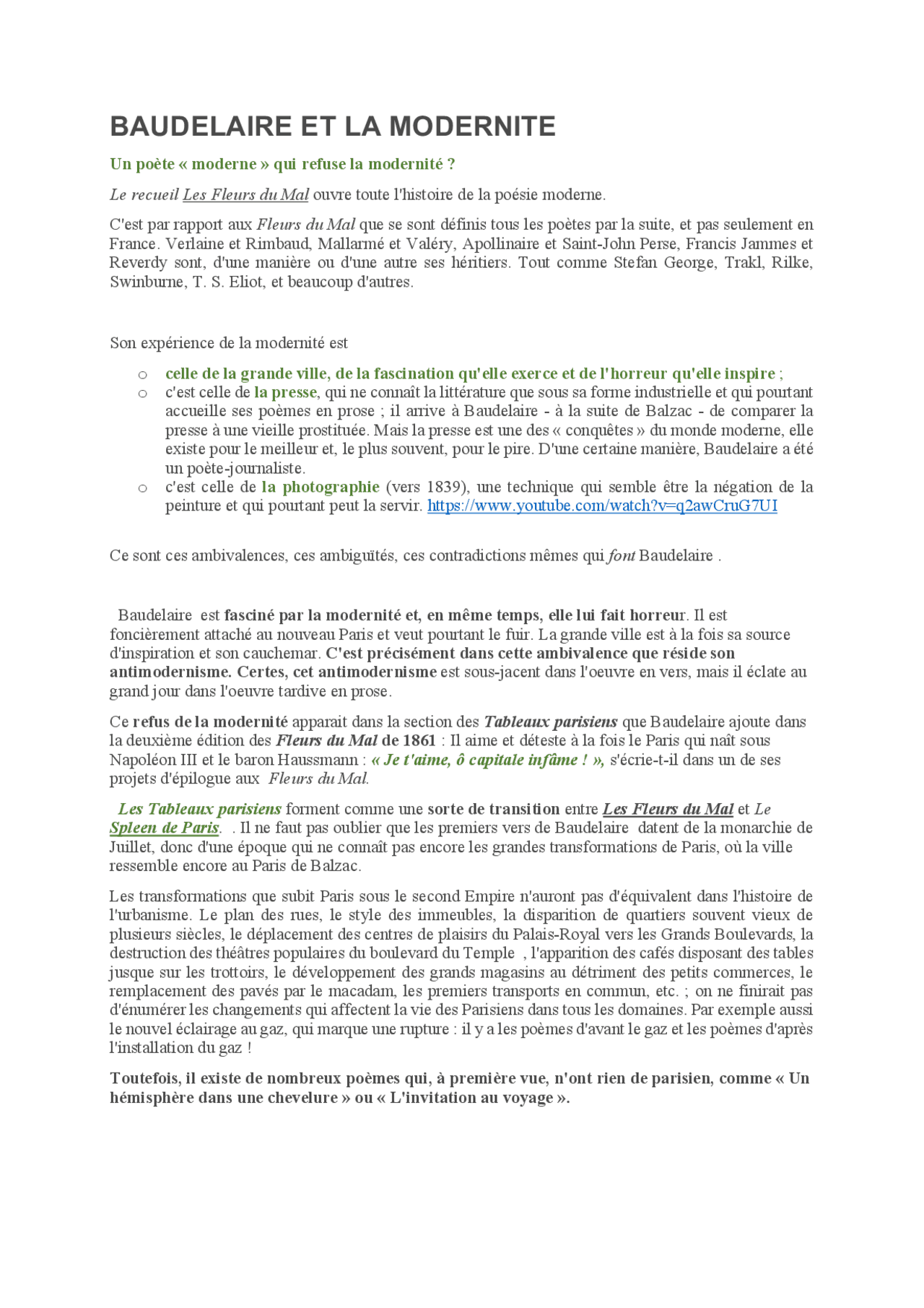 Baudelaire Et La Modernite Lectures Histoire Docsity