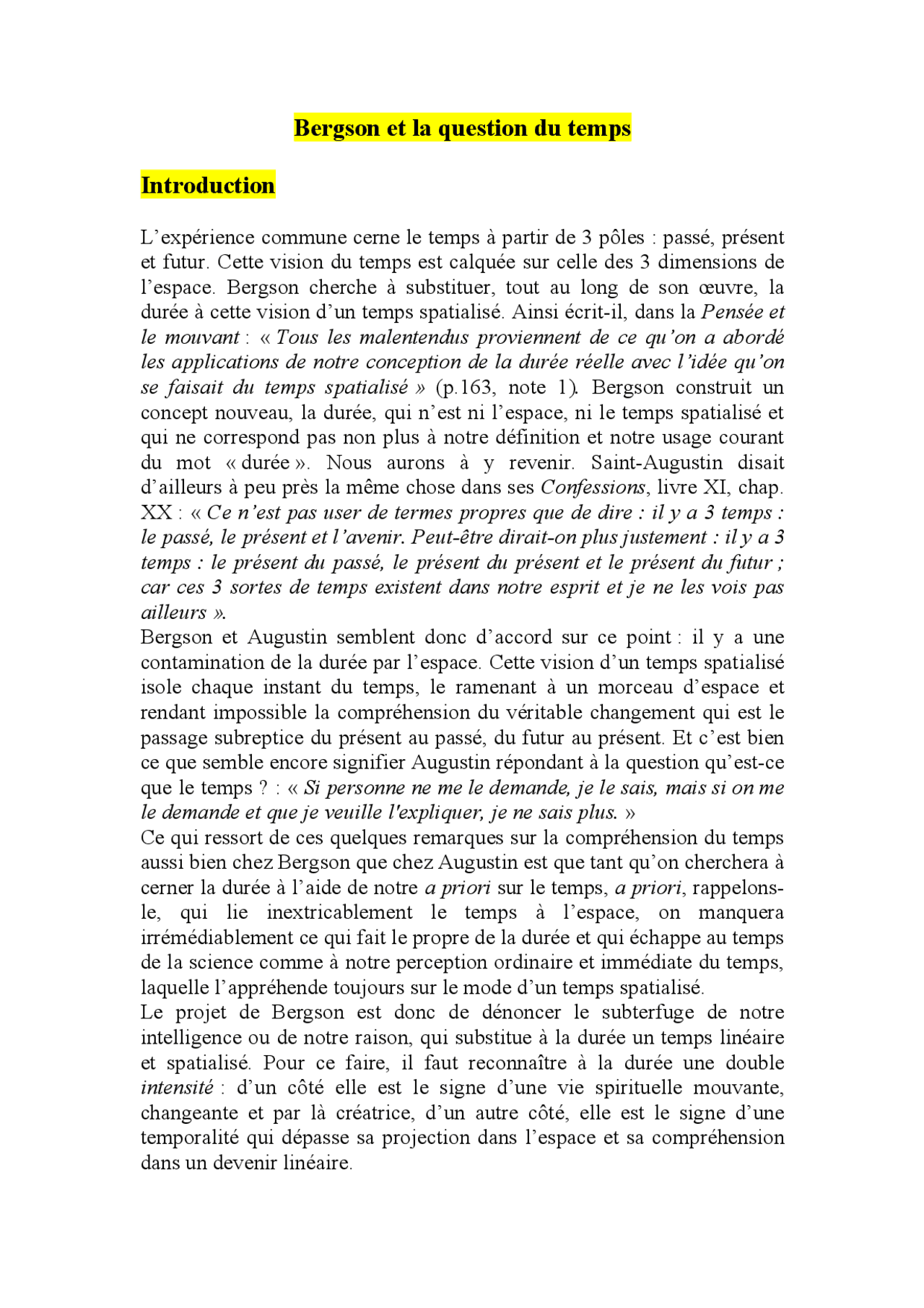 Bergson et la question du temps | Exercices Philosophie | Docsity