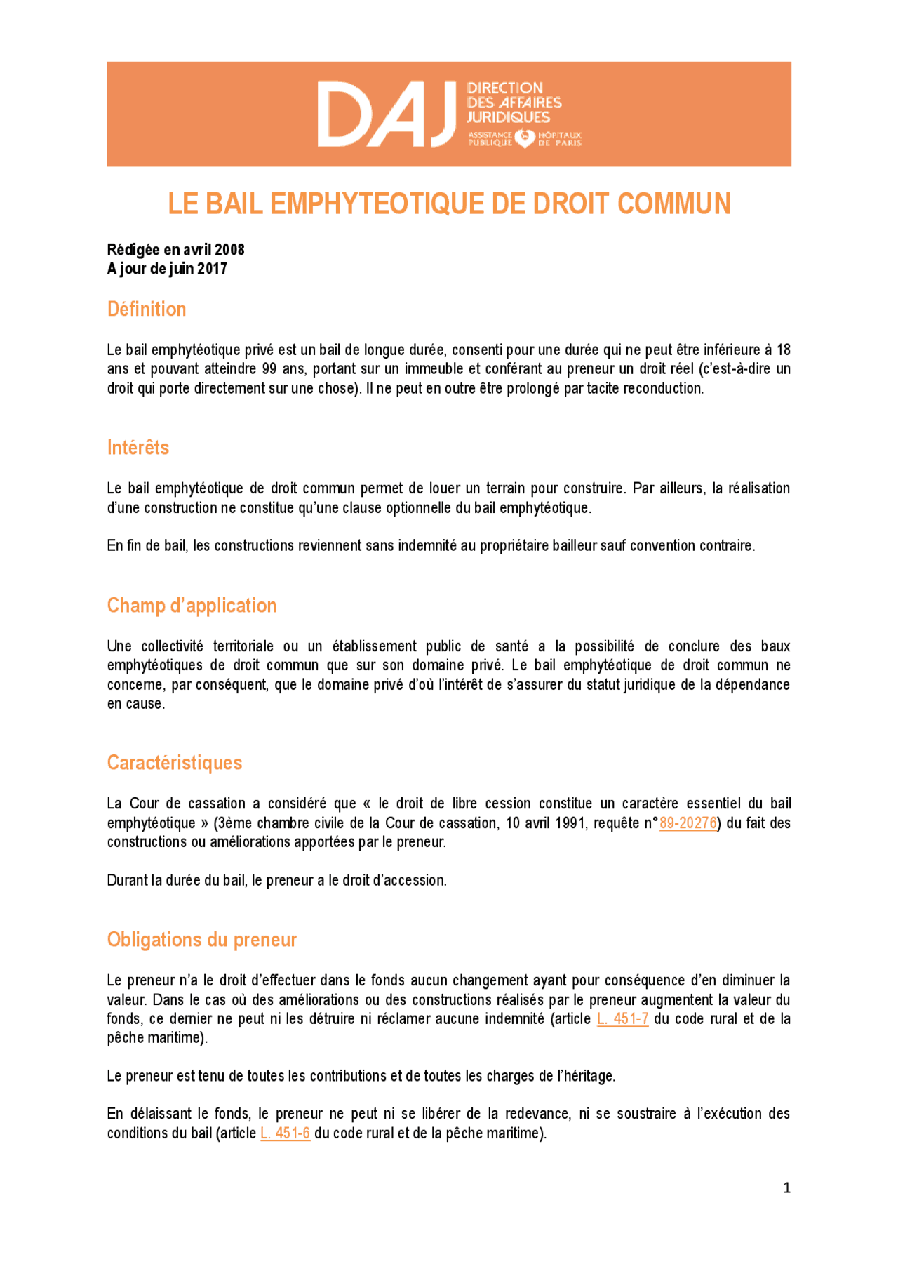 LE BAIL EMPHYTEOTIQUE DE DROIT COMMUN | Notes Droit | Docsity