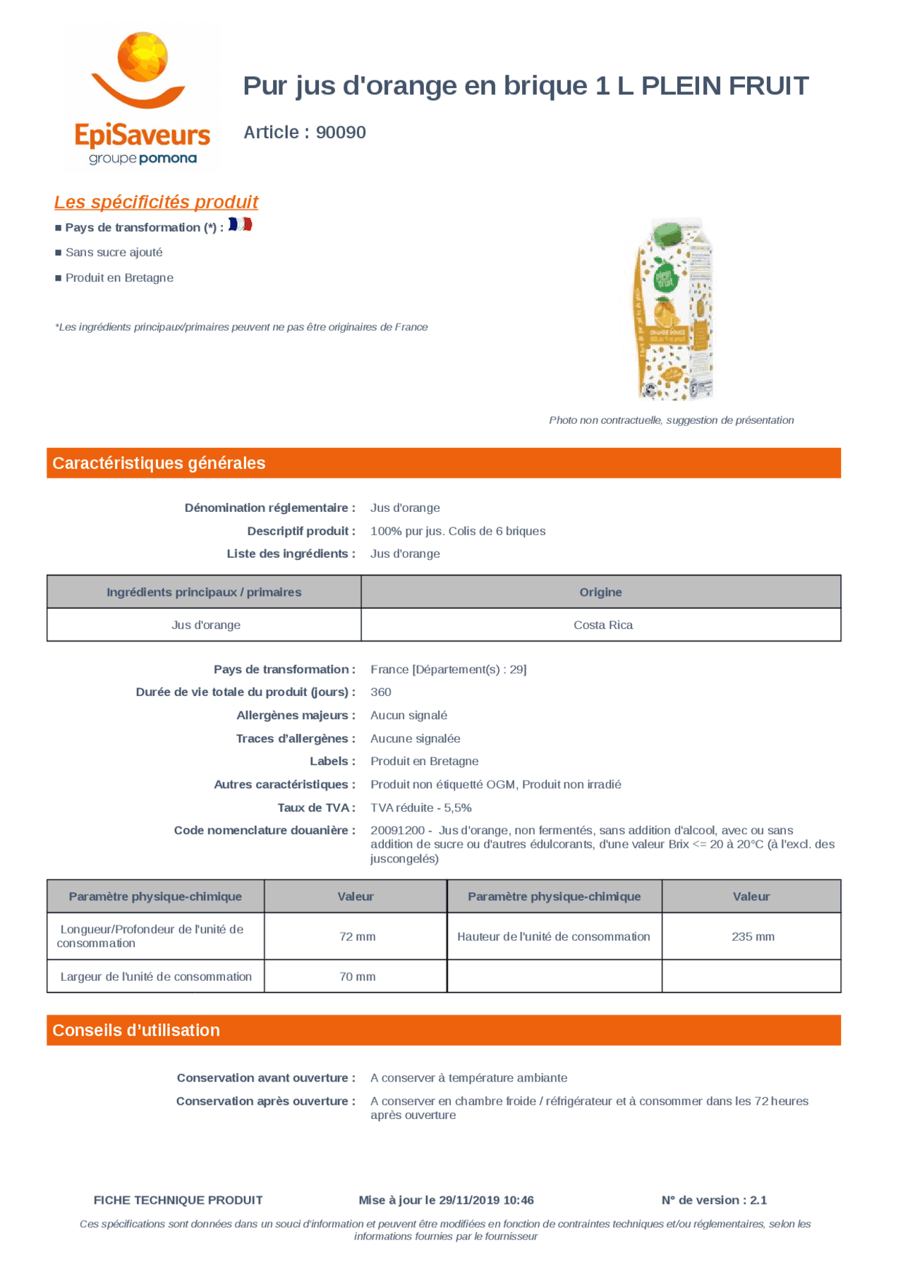 Pur jus d'orange en brique 1 L PLEIN FRUIT | Schémas Physique | Docsity