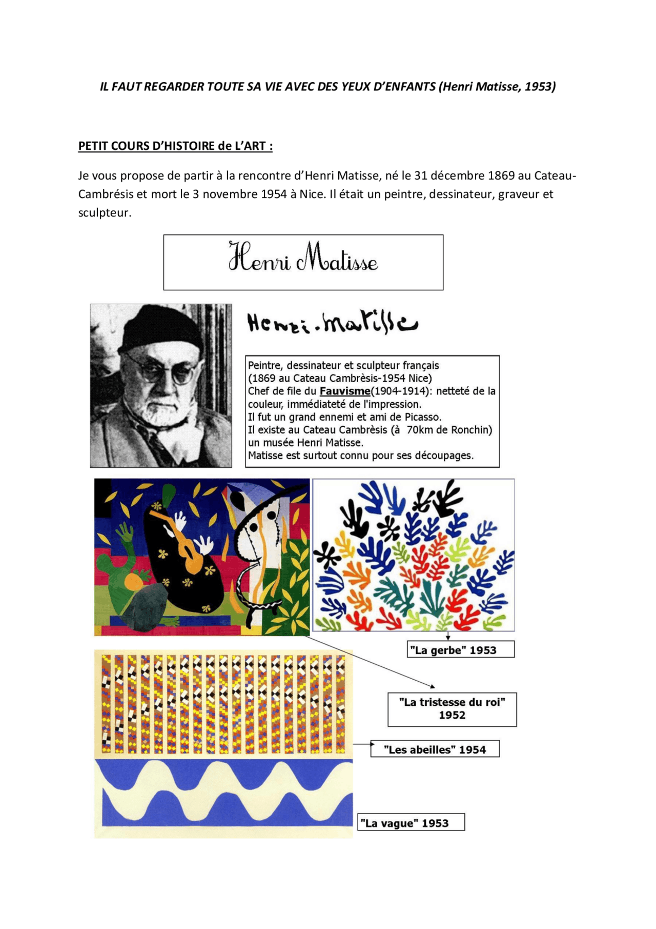 FICHE-ATELIER-MATISSE.pdf | Notes Histoire - Docsity