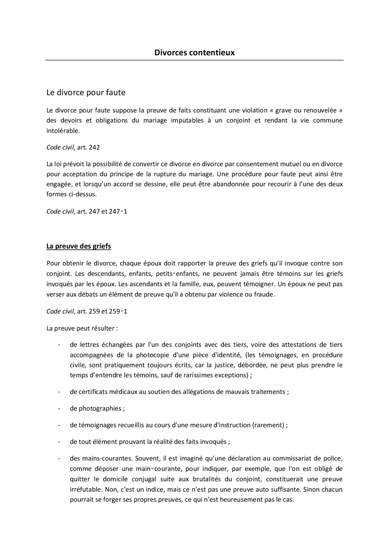 Divorces contentieux Le divorce pour faute | Notes Arts | Docsity