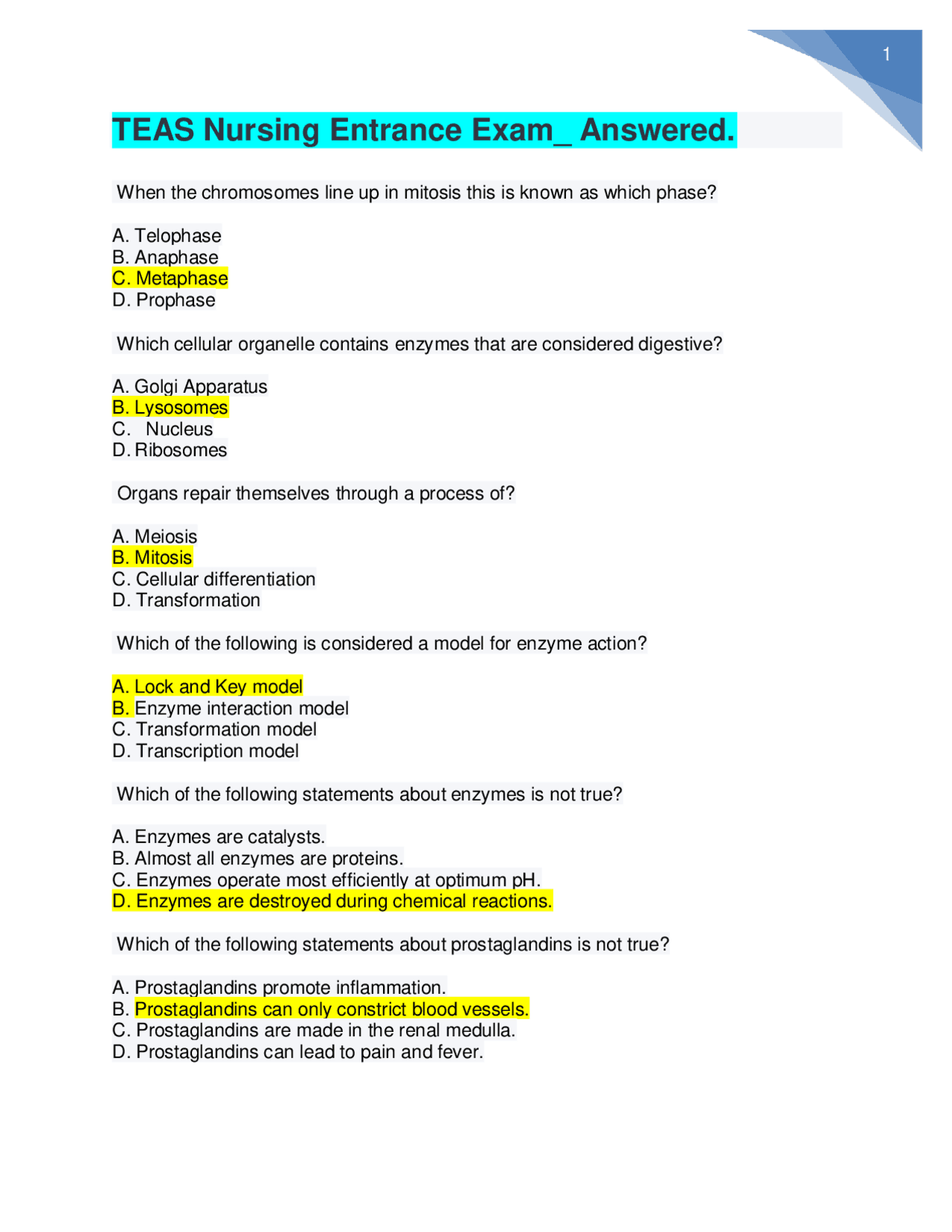 TEAS Nursing Entrance Exam 2022 Graded A Plus | Exams Nursing | Docsity