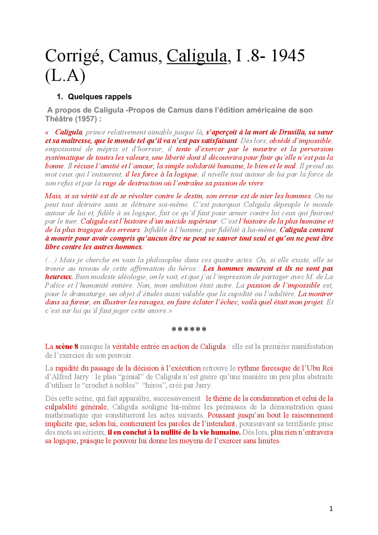 Corrigé Camus Caligula I 8 1945 La Lectures Logique Docsity