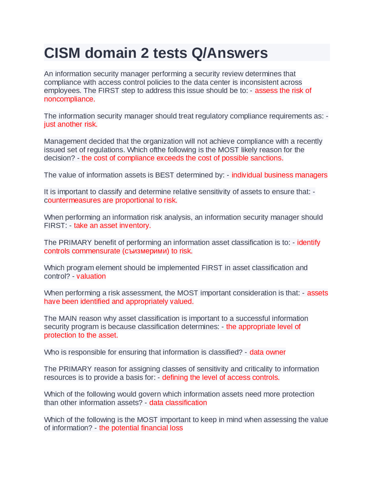 Cism Domain 2 Tests Question Answers Exams Nursing Docsity