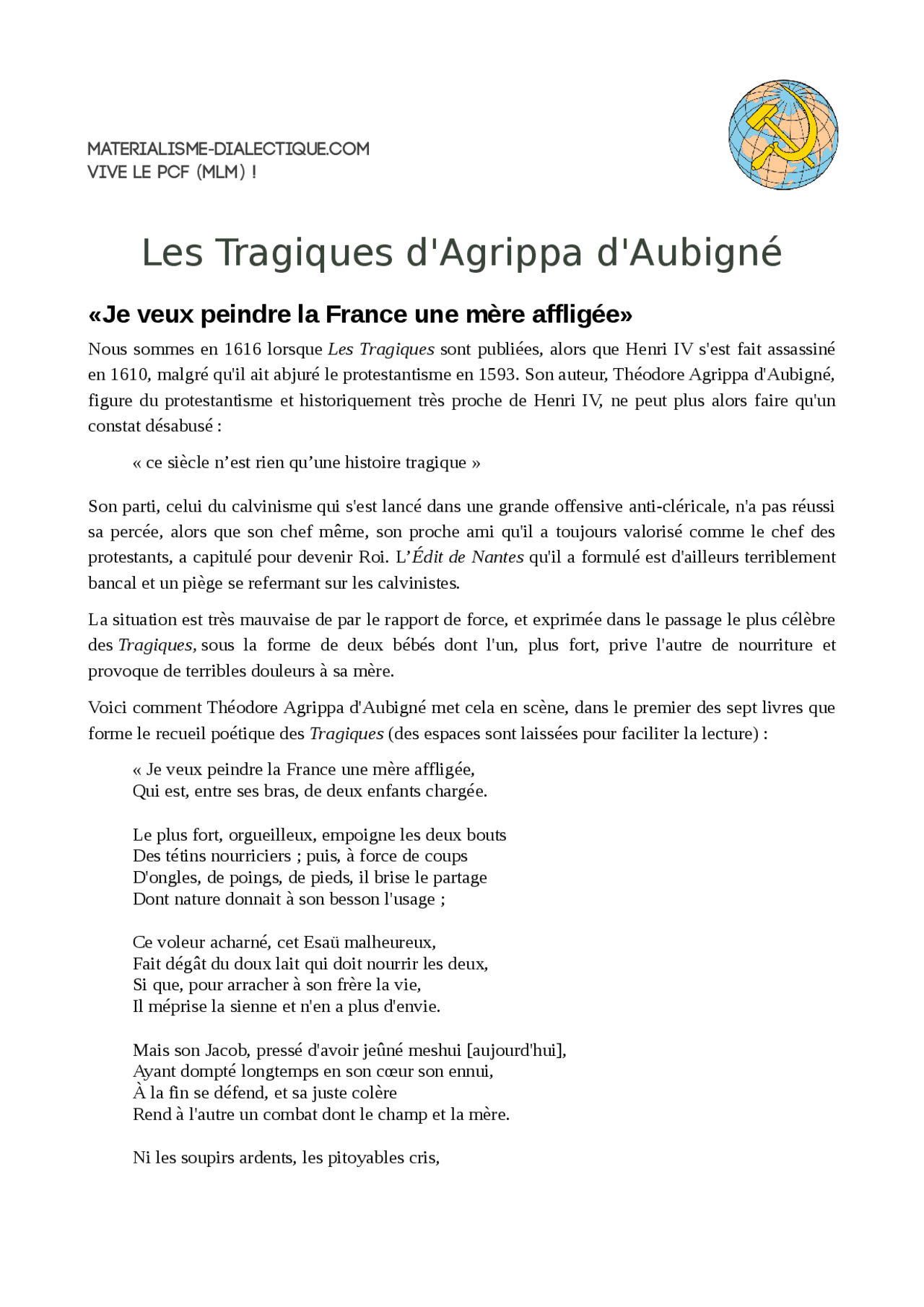 Les Tragiques D Agrippa D Aubignepdf Lectures Langue Française Docsity