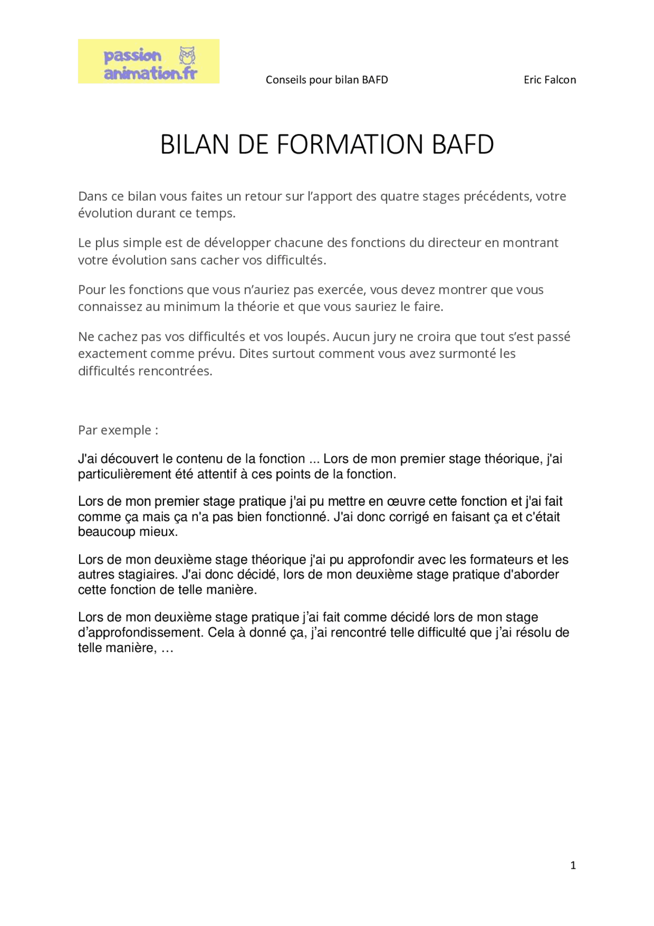 Conseil-BILAN-DE-FORMATION-BAFD.pdf | Examens Évolution | Docsity