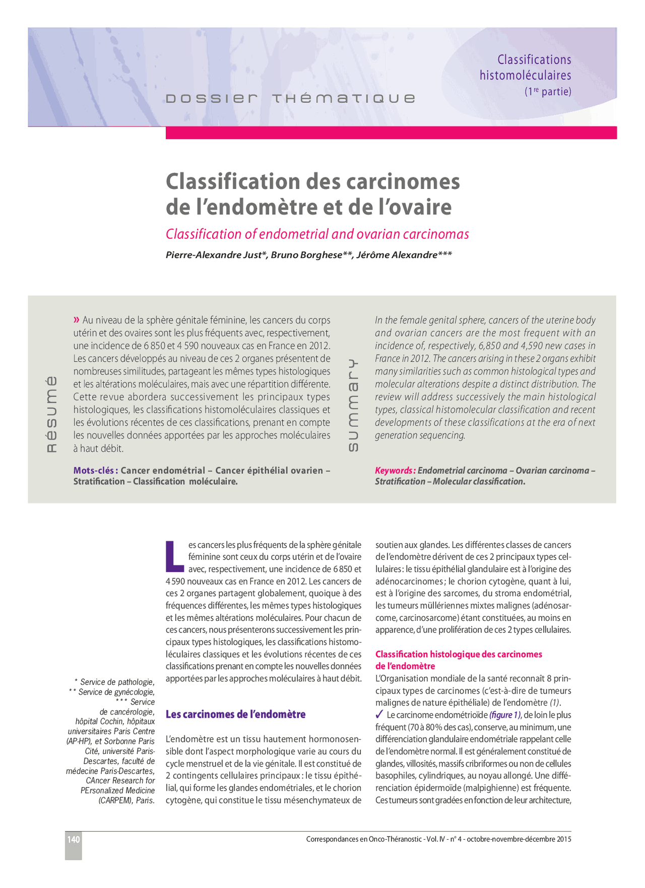 Classification des carcinomes de l'endomètre et de l'ovaire | Notes ...