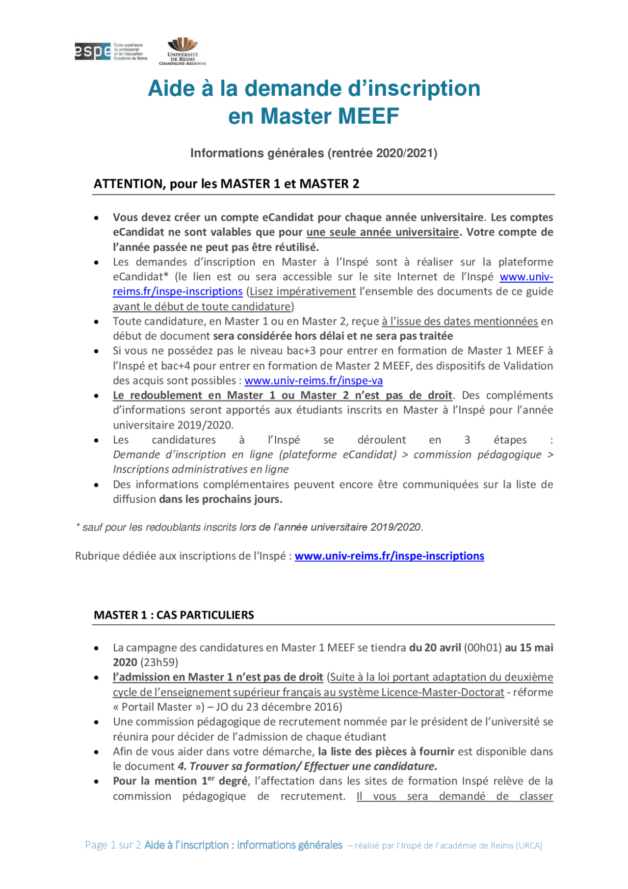 Aide à la demande d'inscription en Master MEEF | Examens Droit | Docsity