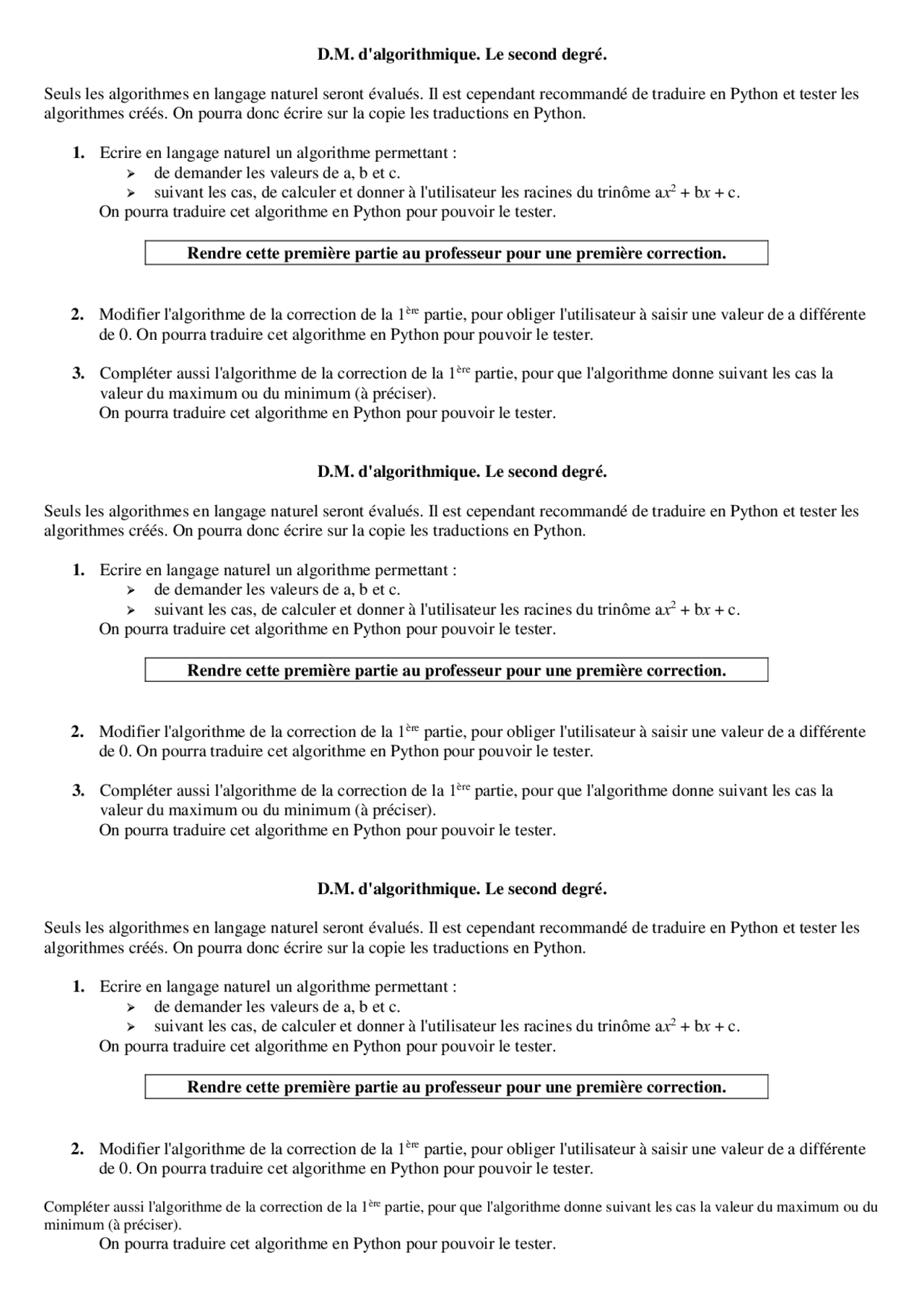 Dm Dalgorithmique Le Second Degré Notes Algèbre Docsity
