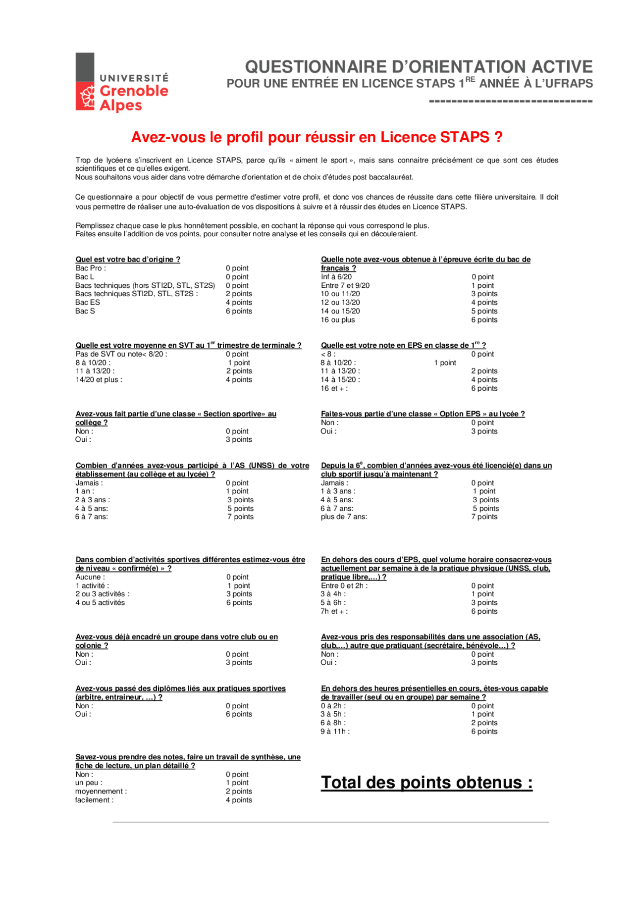 Total des points obtenus : QUESTIONNAIRE D'ORIENTATION ... | Notes ...