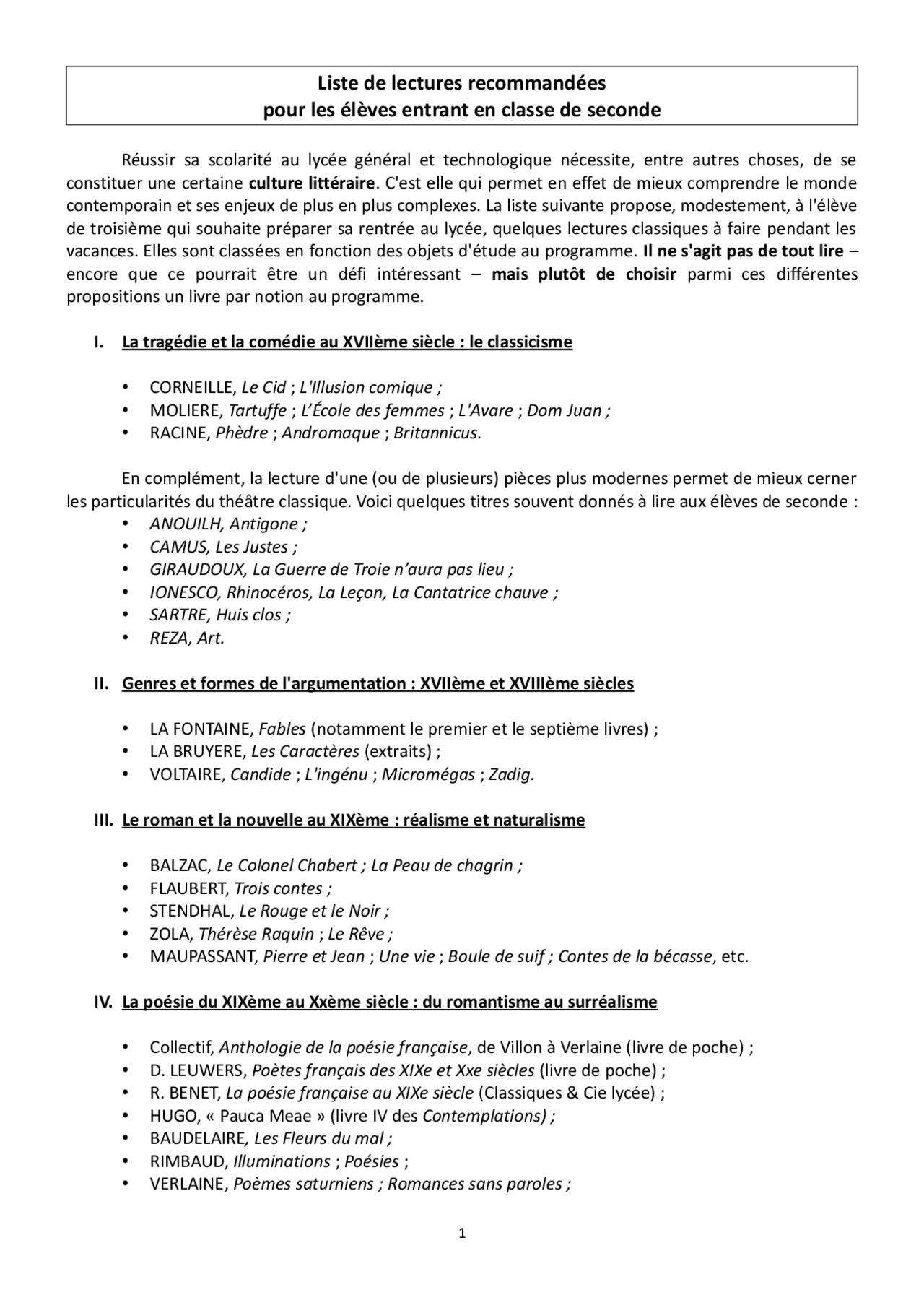 Liste de lectures recommandées pour les élèves entrant en ... | Notes ...