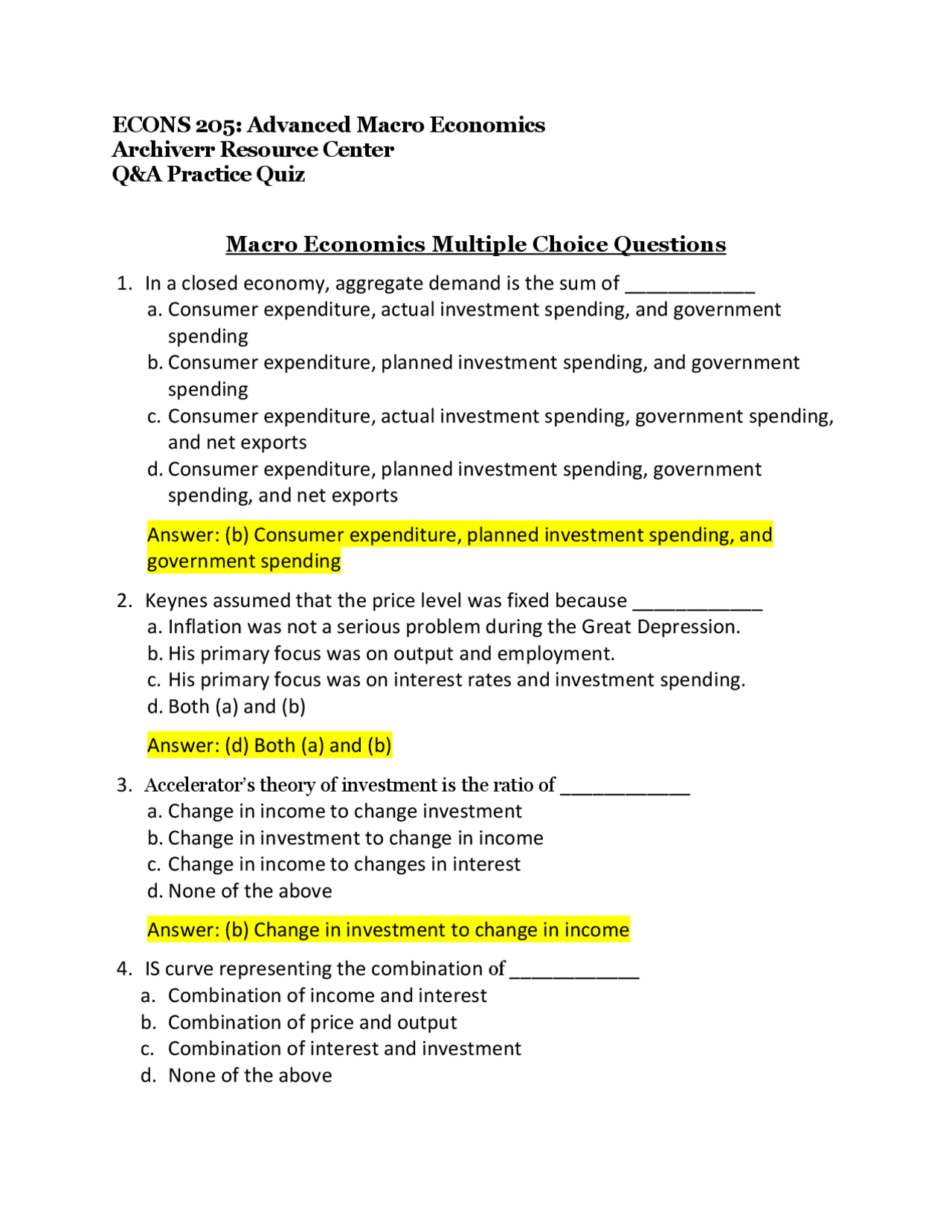 Advanced Macro Econs 205 Q&A practice | Quizzes Economics | Docsity