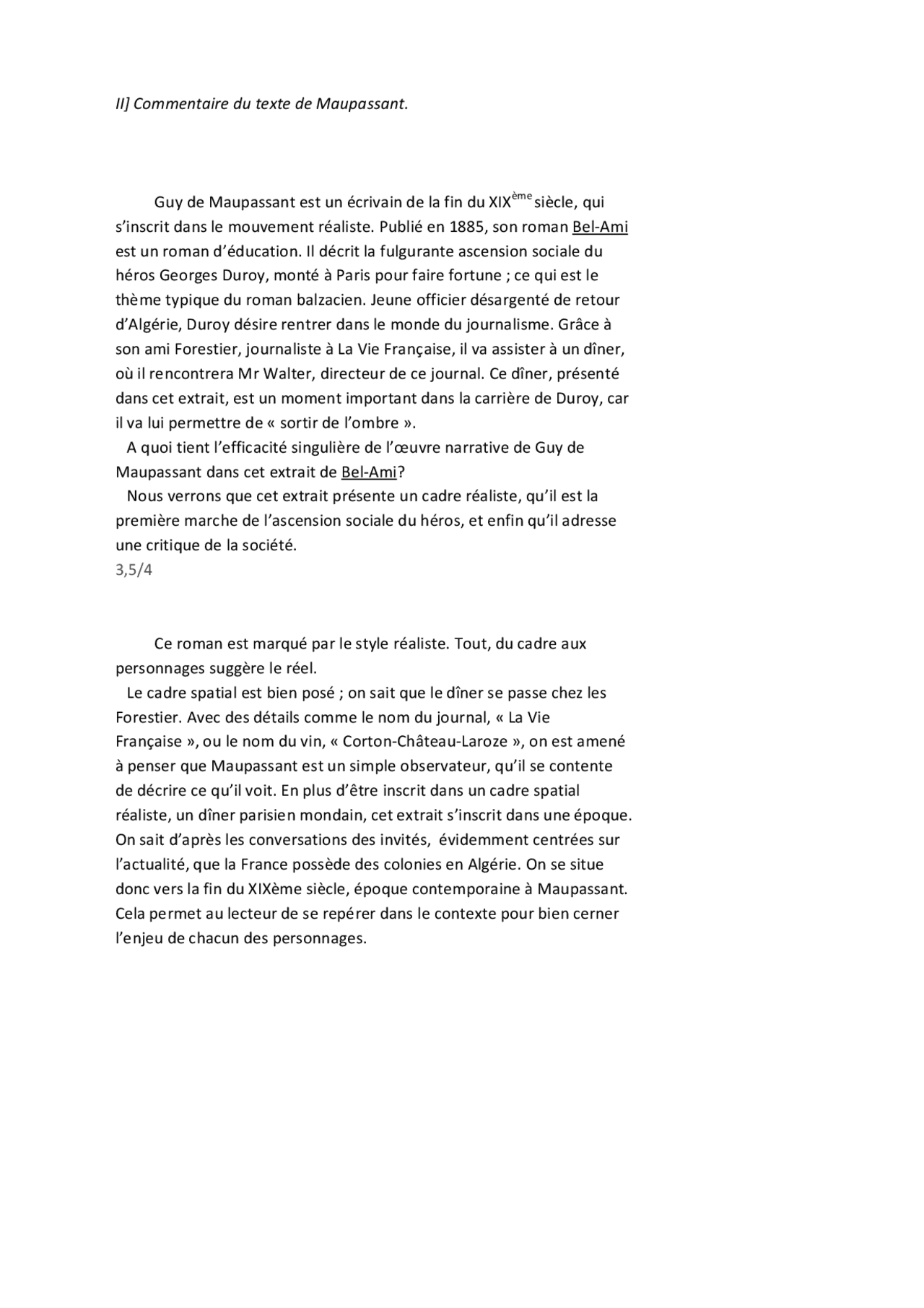 II] Commentaire du texte de Maupassant. | Notes Arts | Docsity