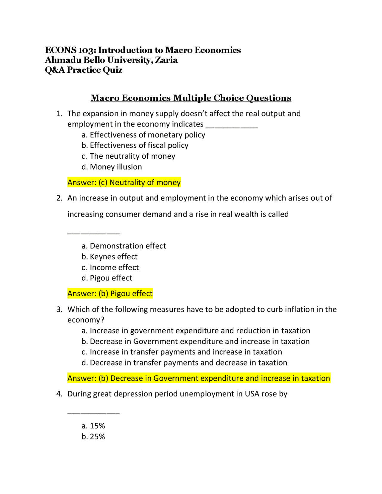 Advanced Macro Economics Q&A Practice Quiz | Quizzes Economics | Docsity
