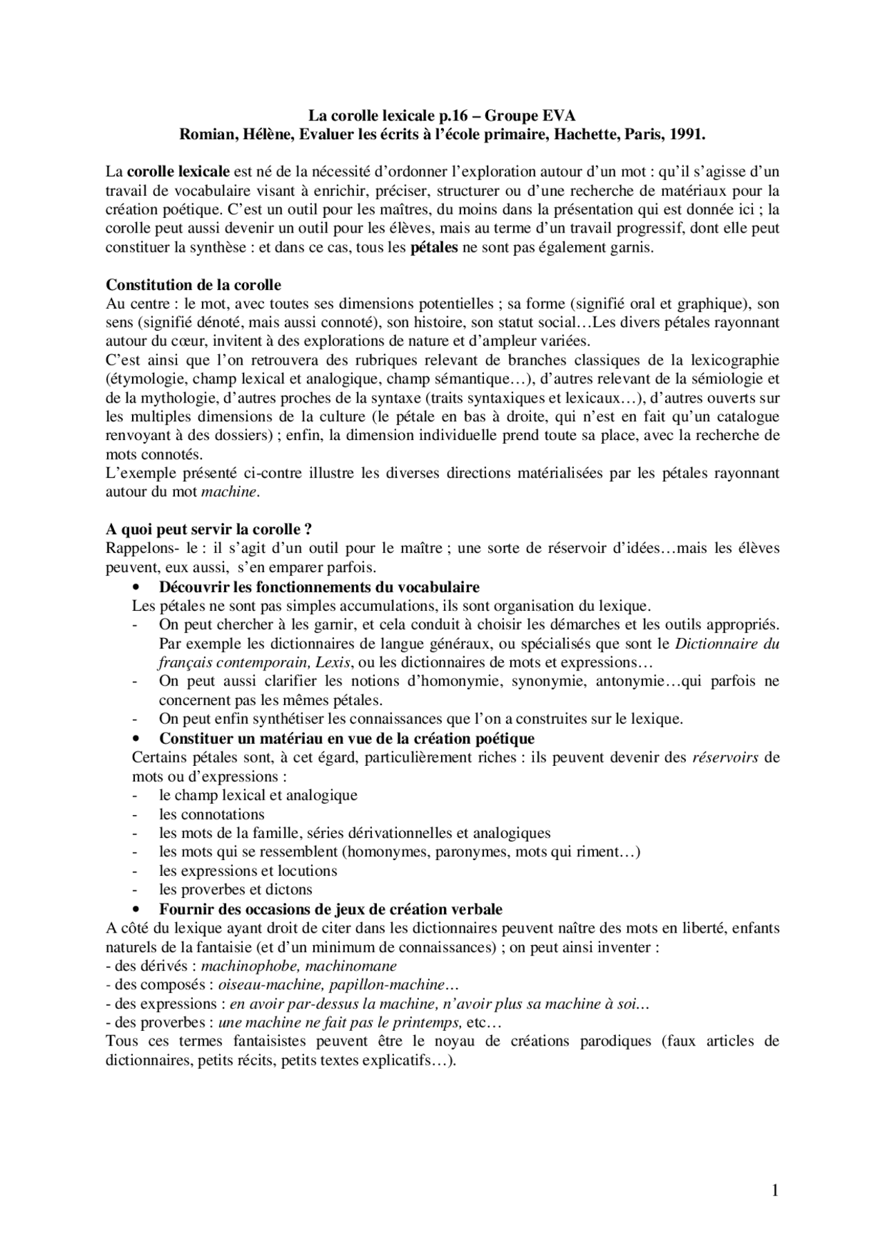 La corolle lexicale EVA | Examens Poétique | Docsity