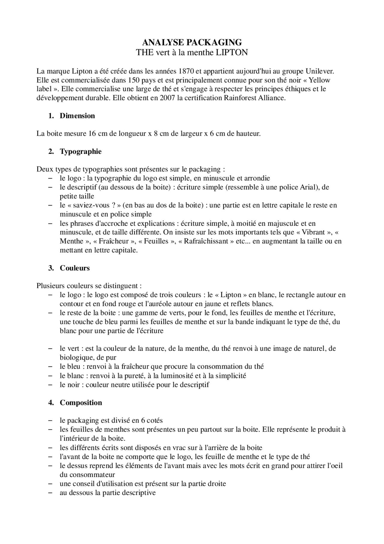 ANALYSE PACKAGING THE vert à la menthe LIPTON | Exercices Développement durable - Docsity