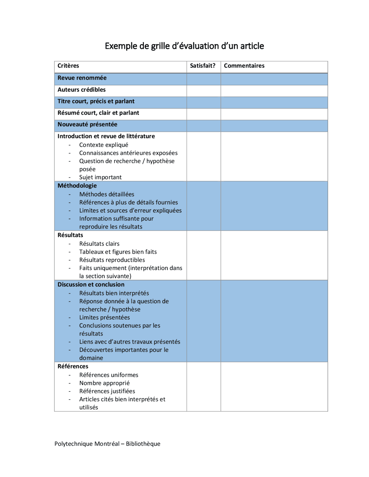 Exemple de grille d'évaluation d'un article | Apuntes Literatura | Docsity