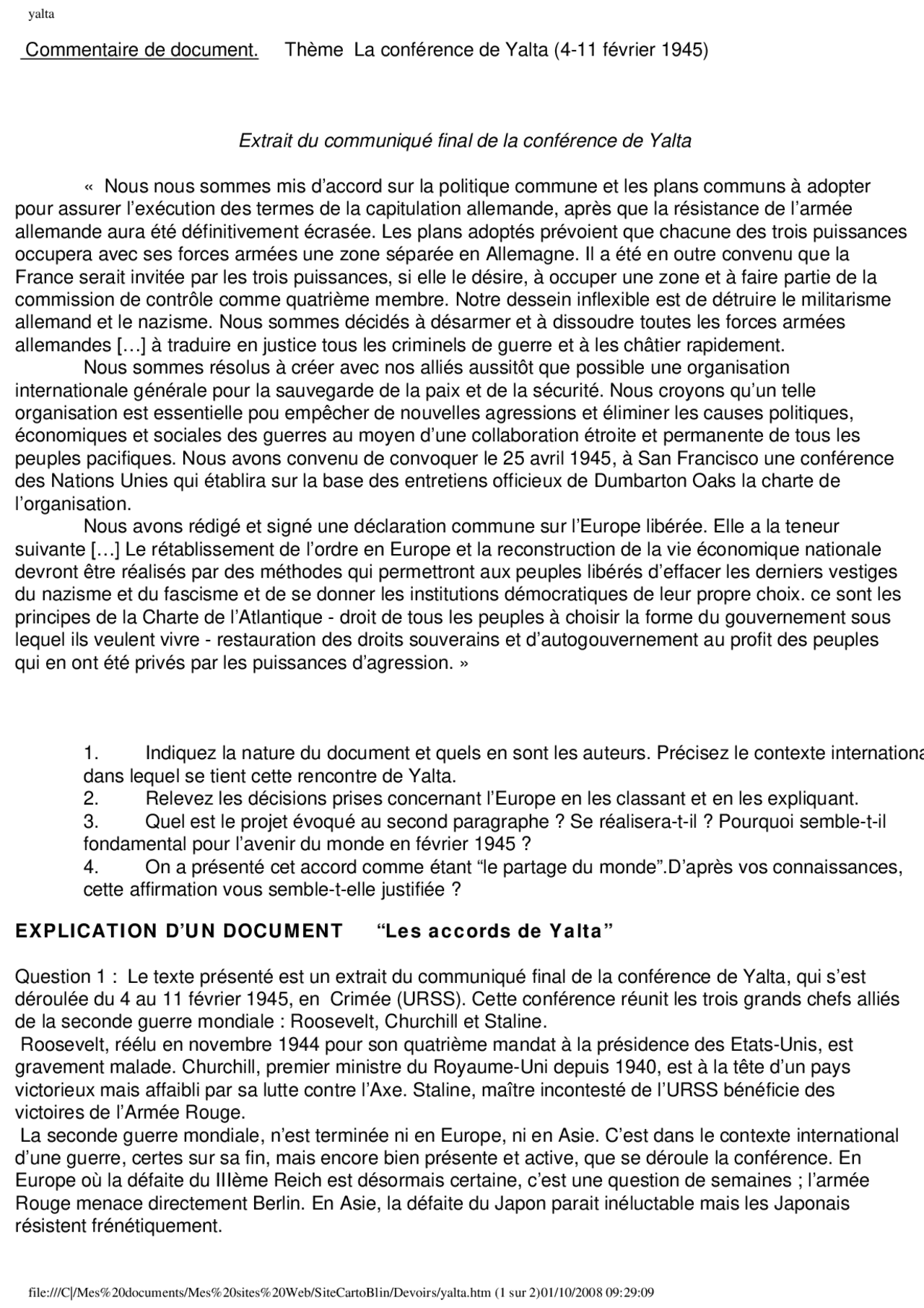 Commentaire De Document Thème La Conférence De Yalta 4 Notes