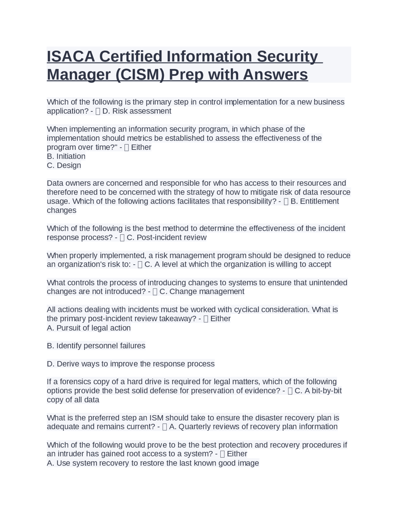 ISACA Certified Information Security Manager (CISM) Prep with Answers ... ISACA Certified Information Security Manager (CISM) Prep with Answers ...