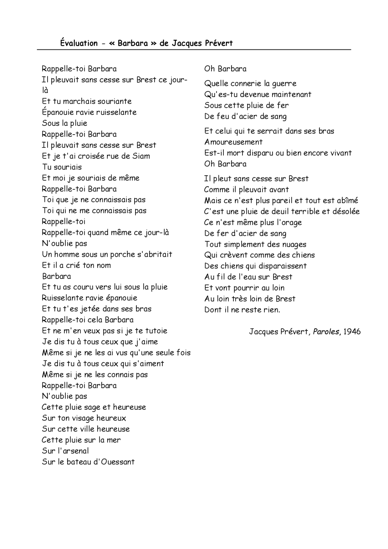 De Jacques Prévert Rappelle-toi Barbara Il pleuvait sans ... | Guide ...