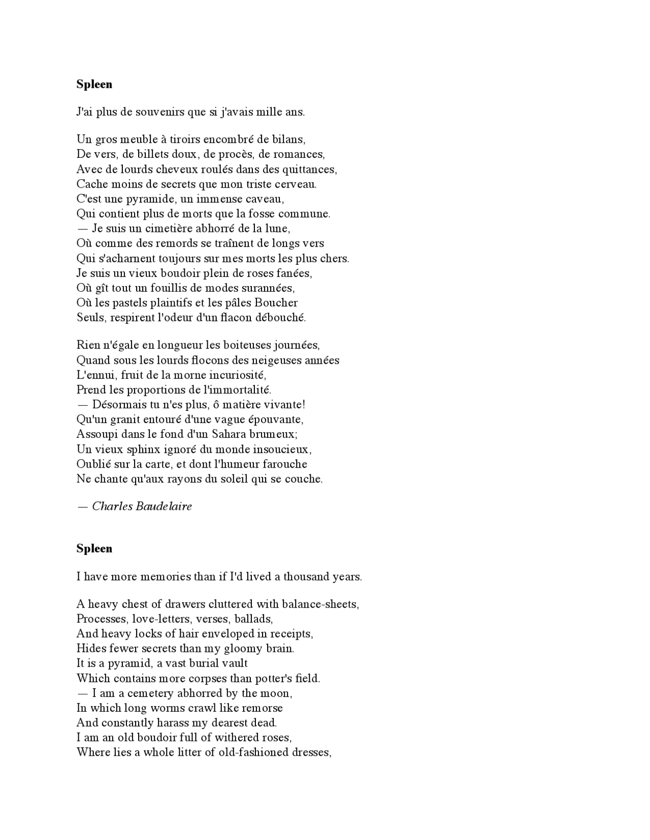Baudelaire Spleen Poems Summaries History Of Music Docsity