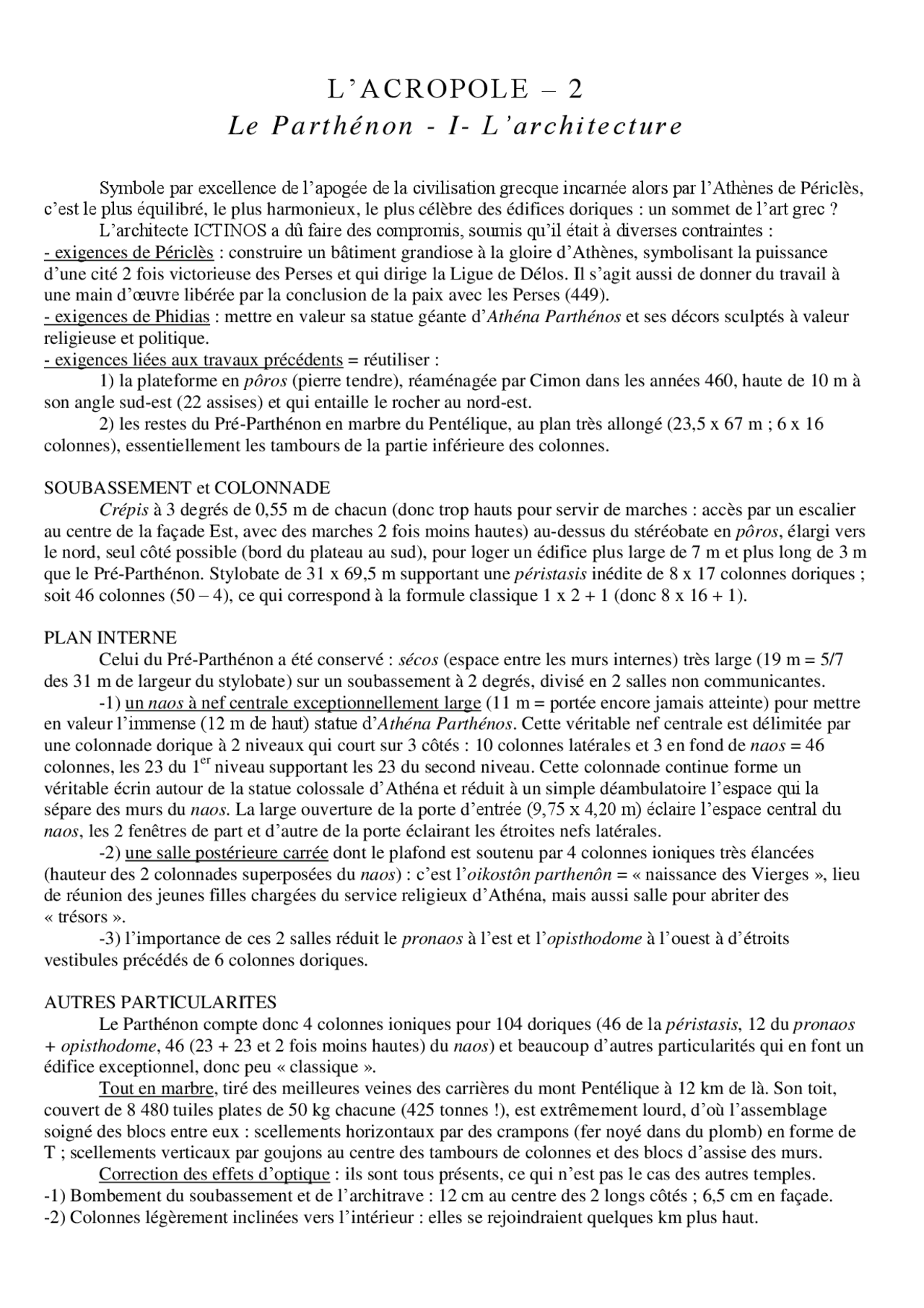 L'ACROPOLE – 2 Le Parthénon - I- L'architecture | Lectures Architecture | Docsity