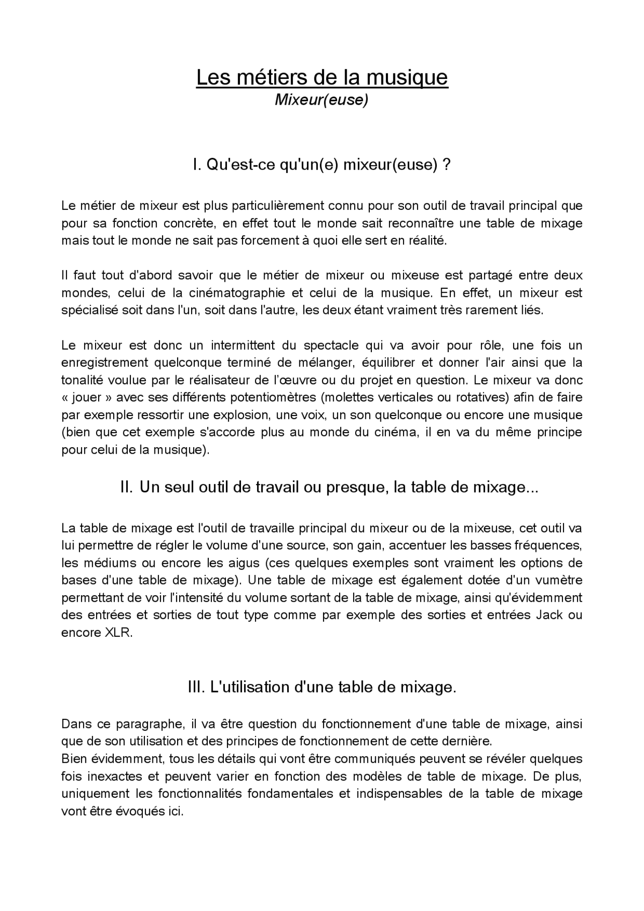 Les métiers de la musique | Exercices Histoire de la Musique | Docsity