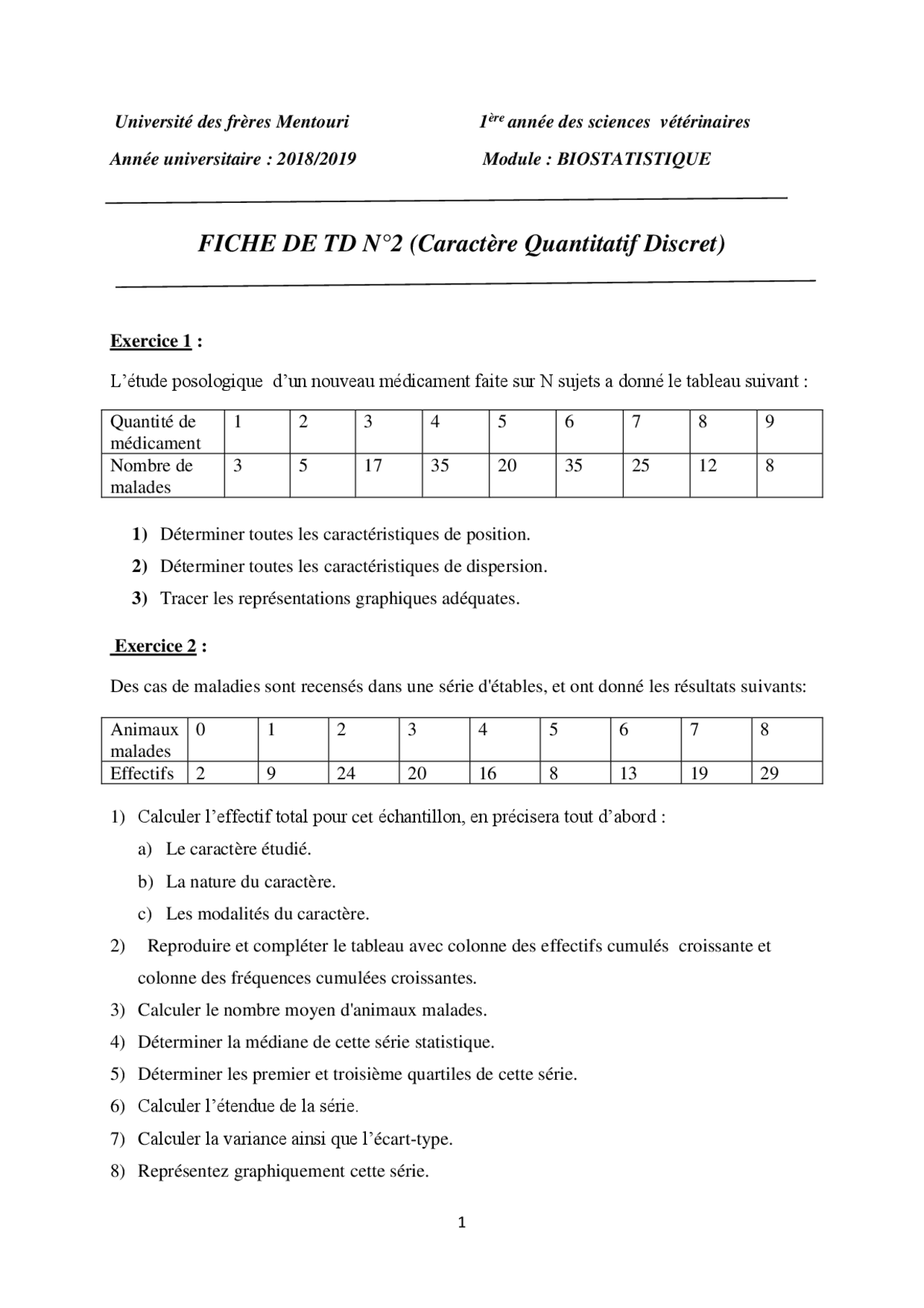 Fiche De Td N°2 Caractère Quantitatif Discret Notes Biostatistique