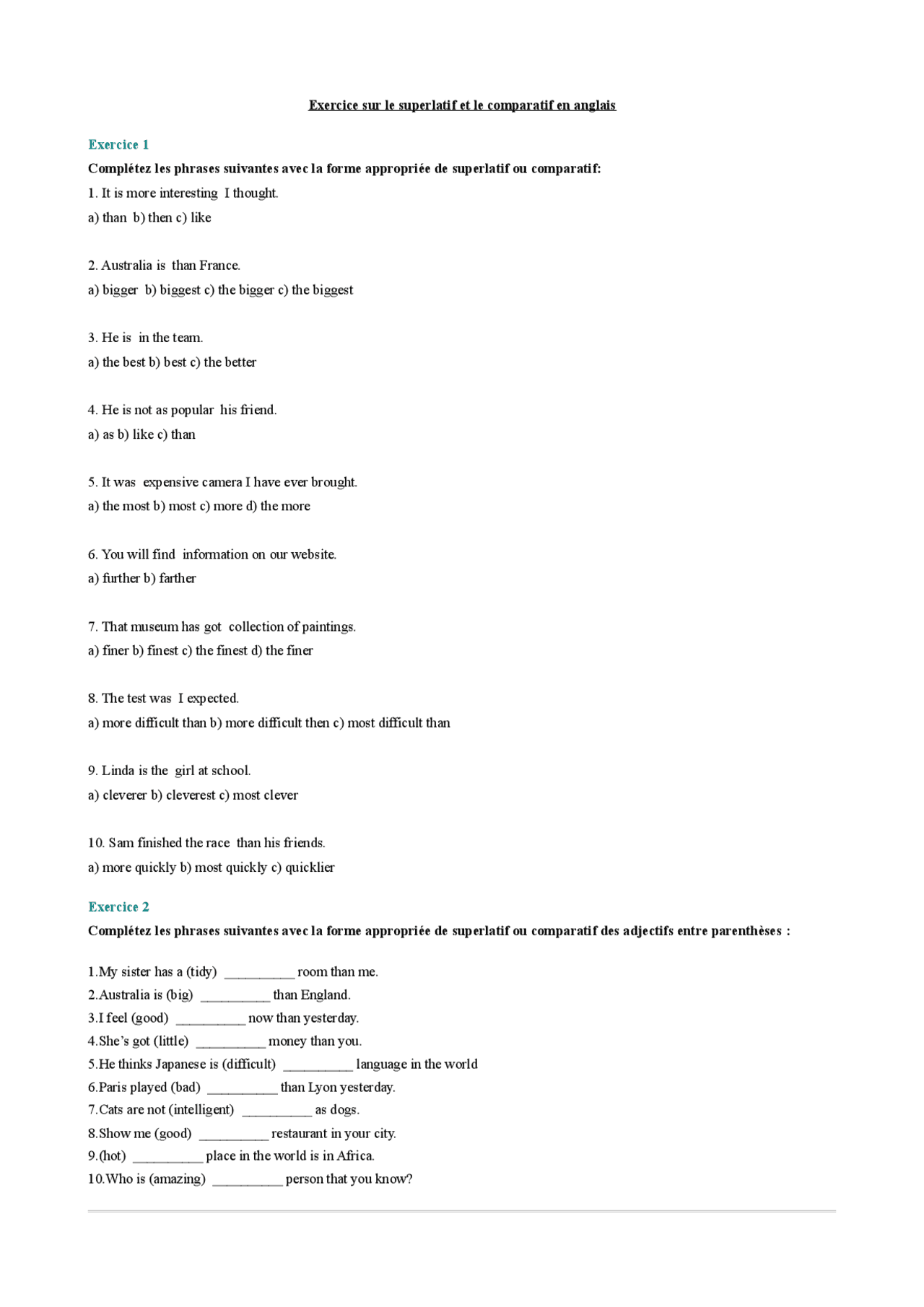 Exercice sur le superlatif et le comparatif en ... | Lectures Langue ...