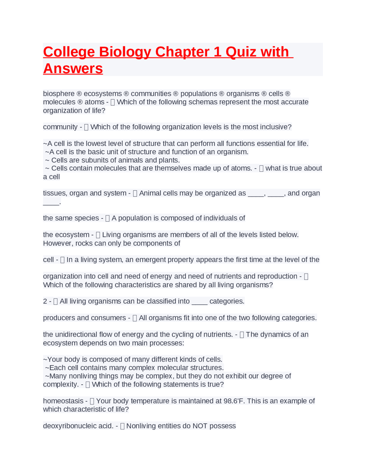 College Biology Chapter 1 Quiz with Answers. | Exams Nursing | Docsity