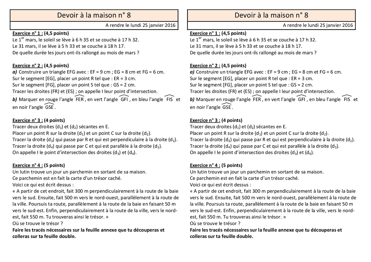 Devoir à la maison n° 8 | Schémas Mathématiques | Docsity