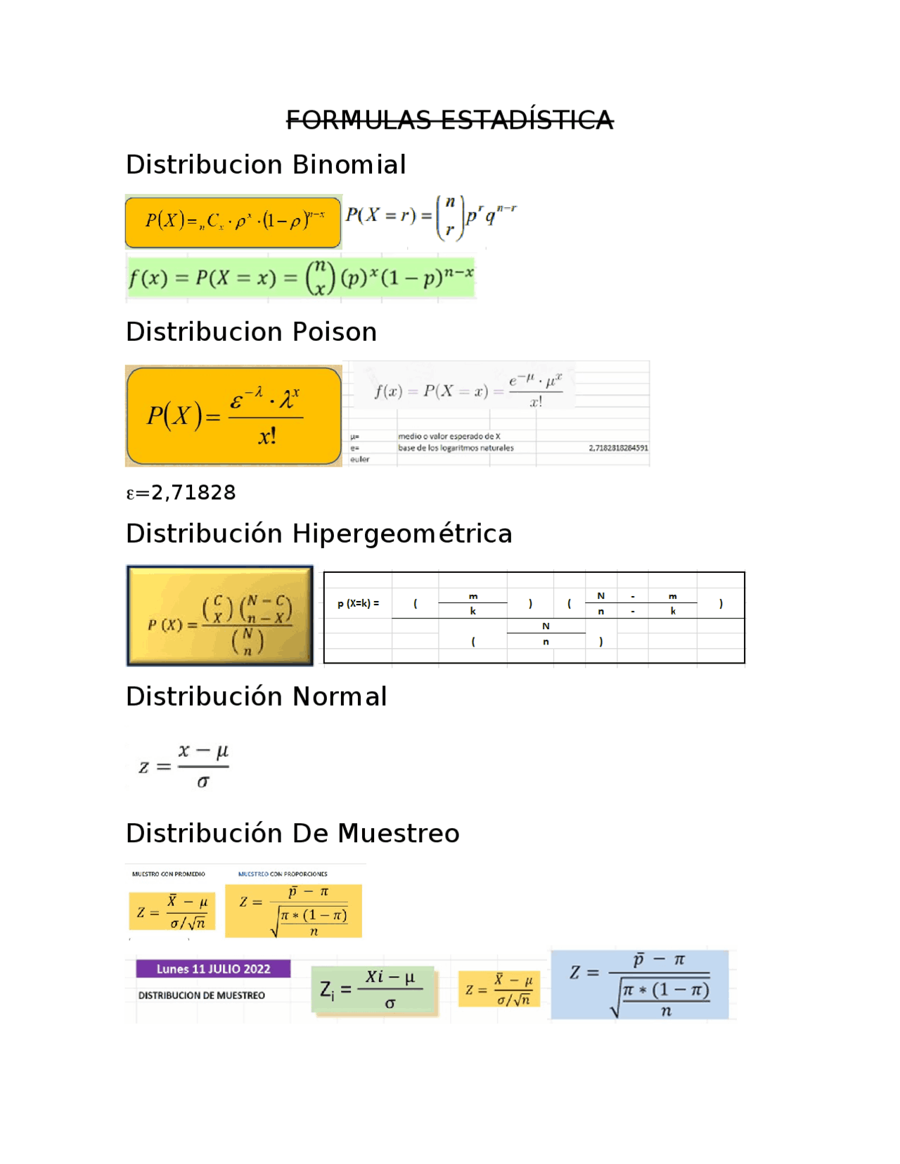 Formulas estadistica 2 | Ejercicios de Estadística | Docsity