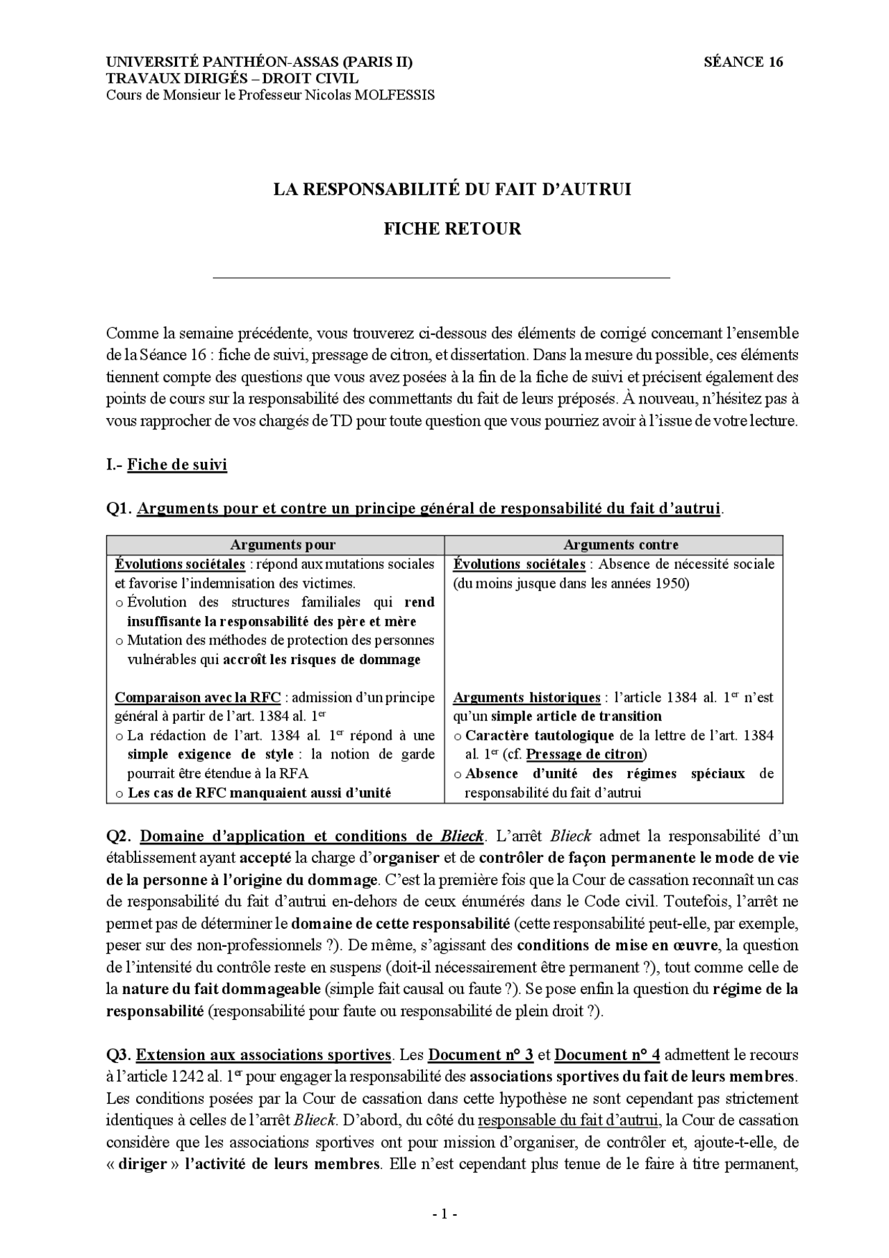 LA RESPONSABILITÉ DU FAIT D'AUTRUI FICHE RETOUR | Examens Droit | Docsity