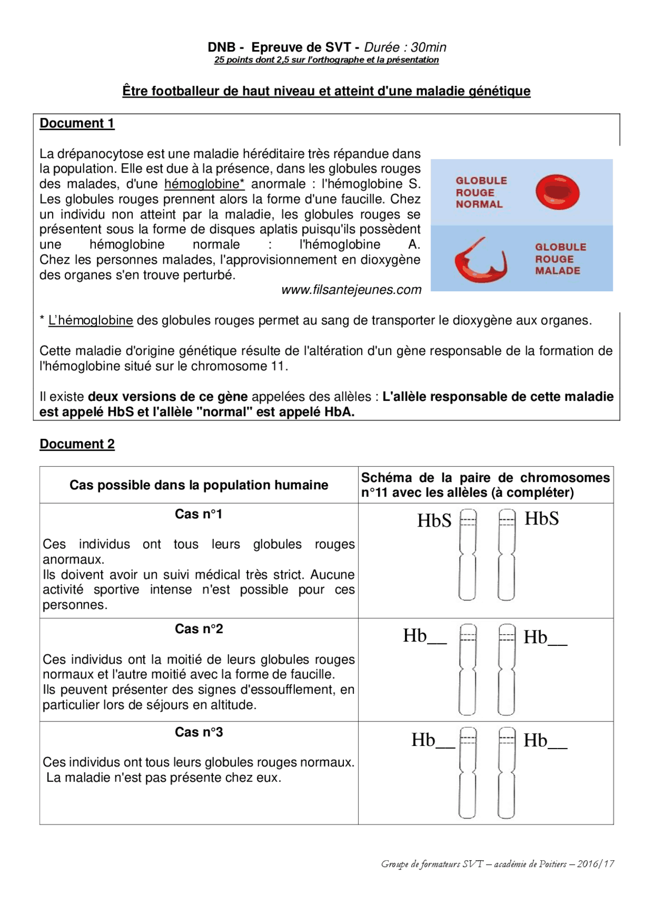 Dnb-blanc-svt-drepanocytose.pdf | Exercices Sciences de la Terre | Docsity