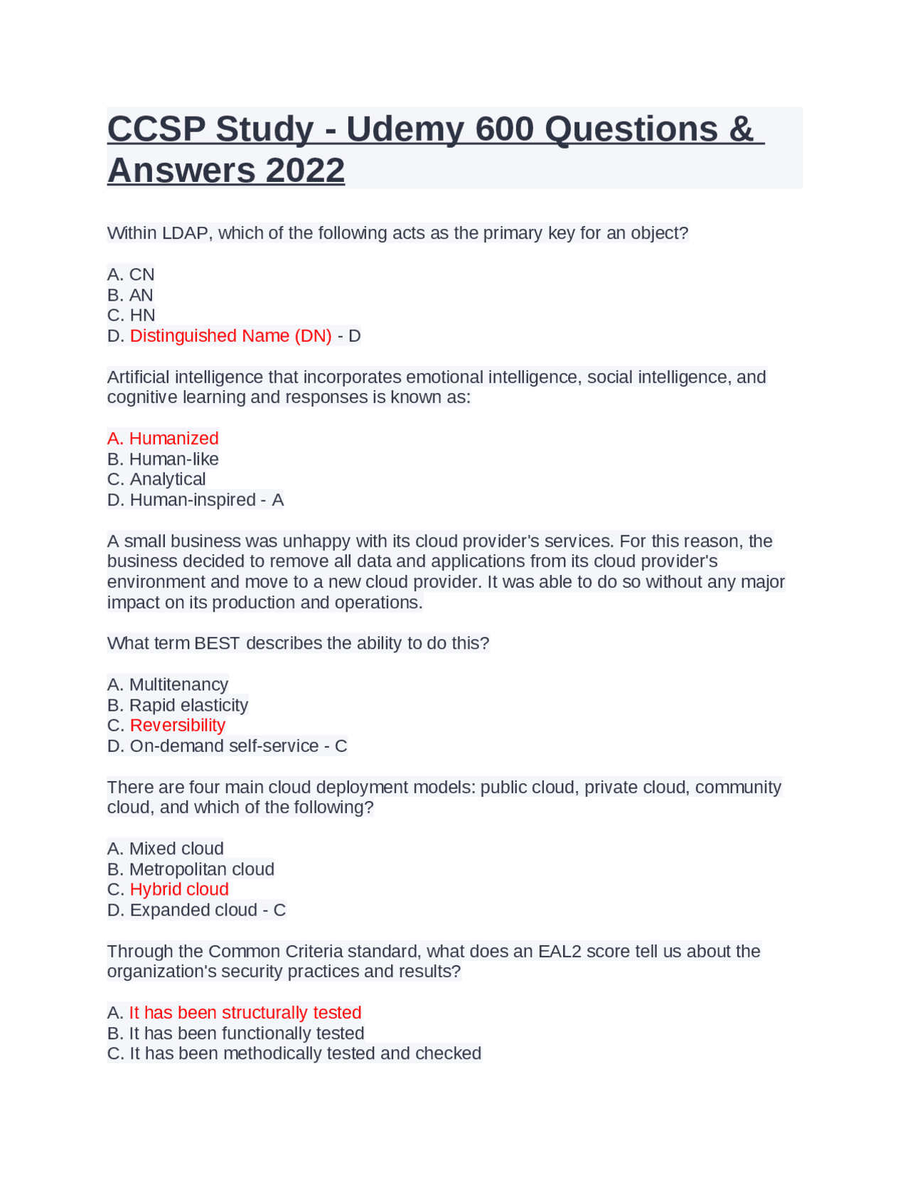 CCSP Study - Udemy 600 Questions & Answers 2022. | Exams Nursing | Docsity