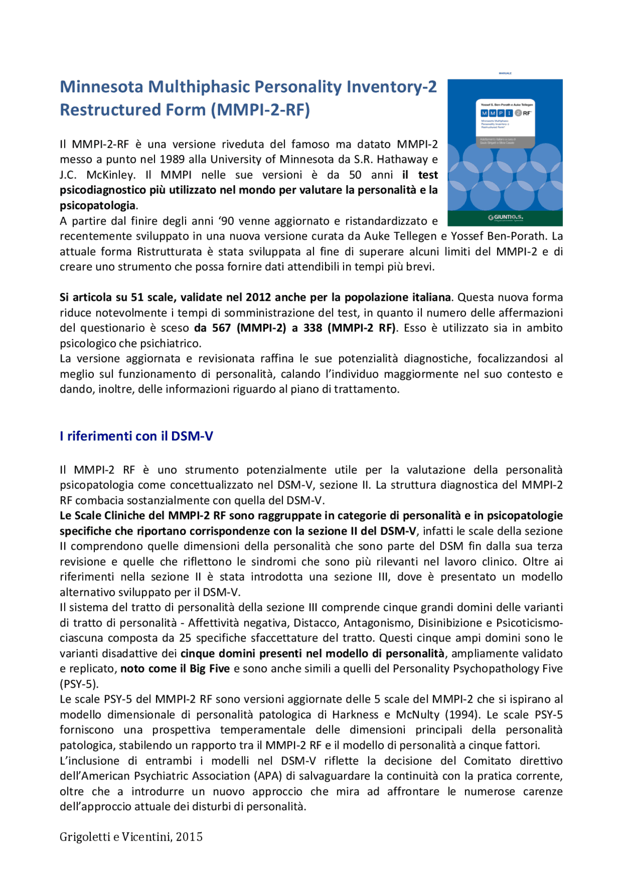 2 Restructured Form (MMPI-‐2-‐RF) | Appunti di Psicopatologia | Docsity