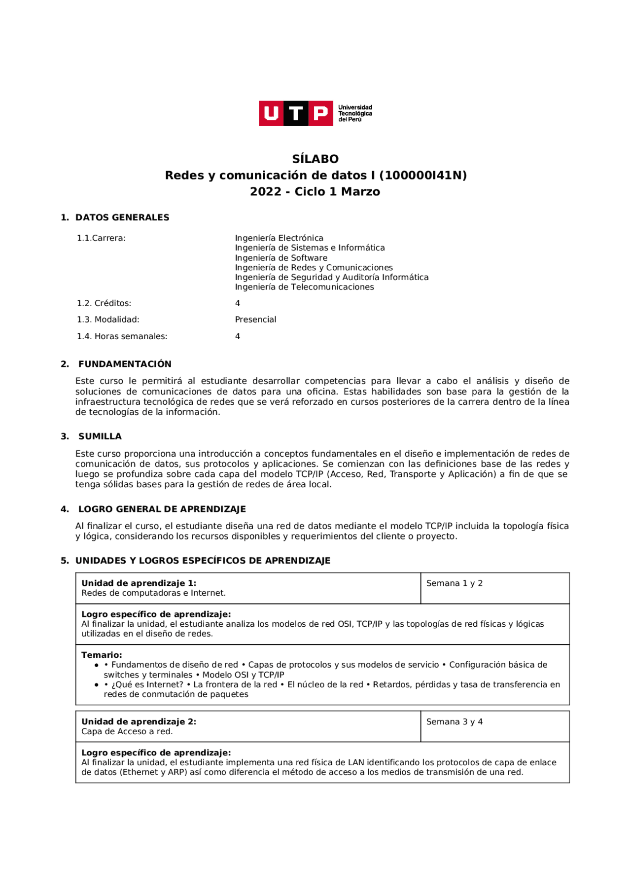 REDES Y COMUNICACIÓN DE DATOS I Sílabo UTP 2022 | Guías, Proyectos, Investigaciones de Teoría de ...