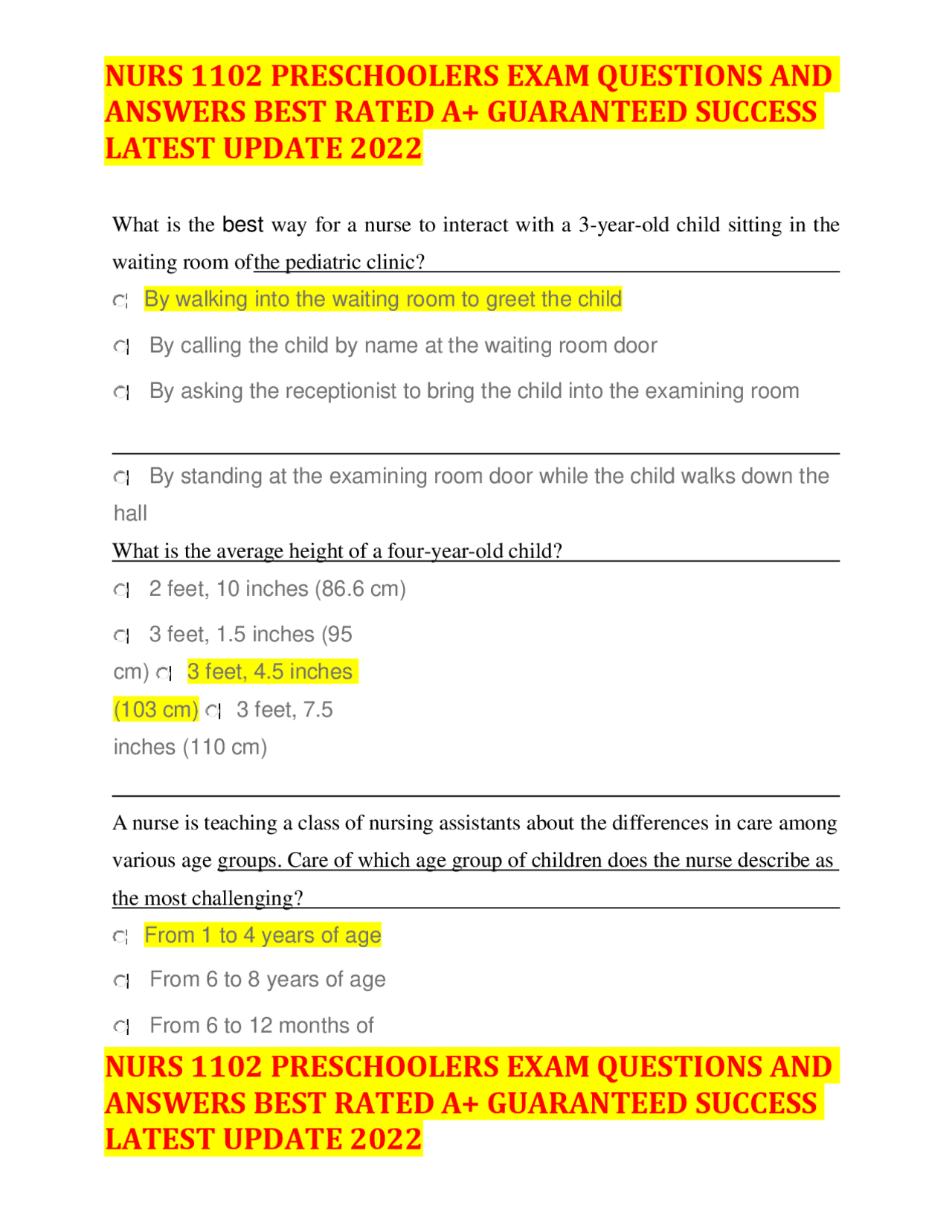 NURS 1102 PRESCHOOLERS EXAM QUESTIONS & ANSWERS BEST RATED A+ ...