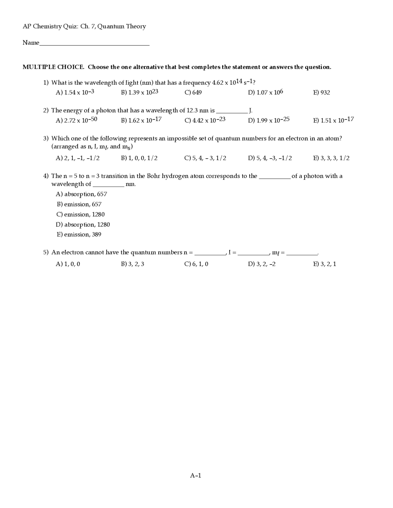 AP Chemistry Quiz: Ch. 7, Quantum Theory ... | Lecture notes Chemistry ...