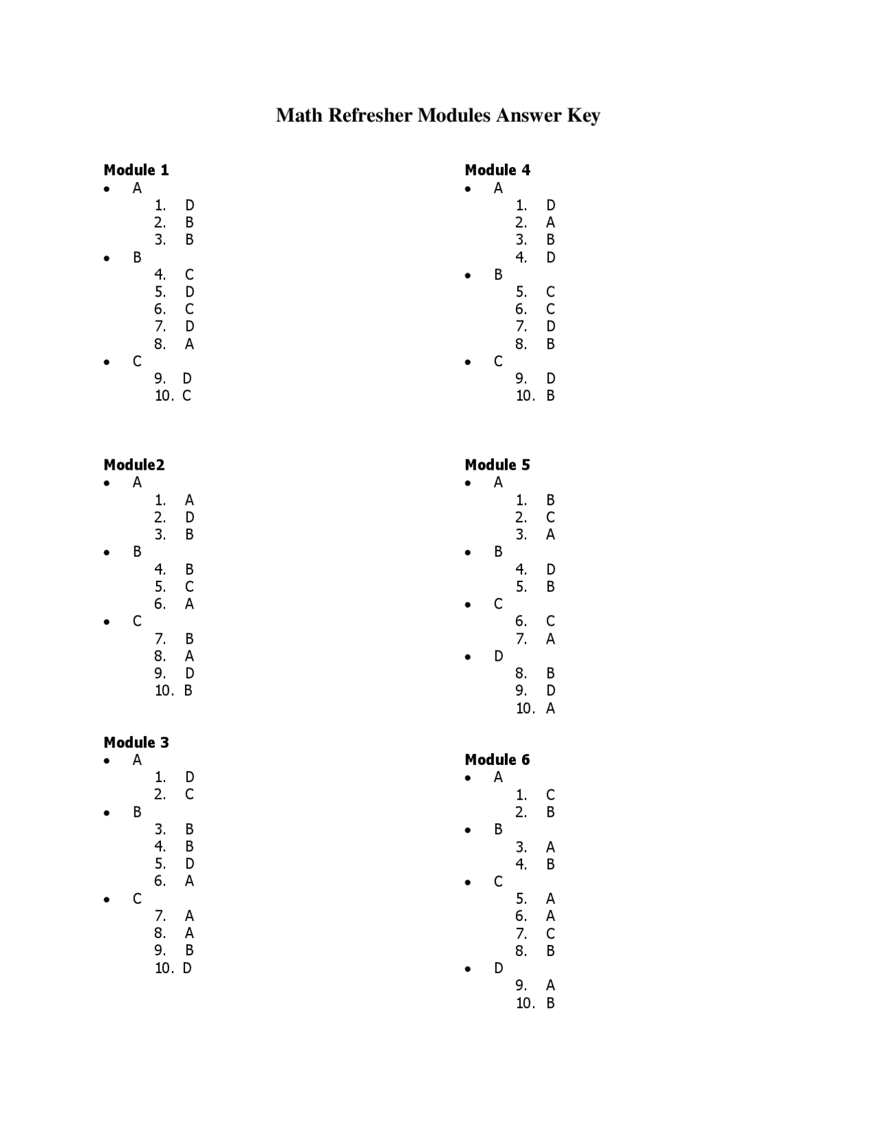 Math Refresher Modules Answer Key | Lecture notes Calculus - Docsity